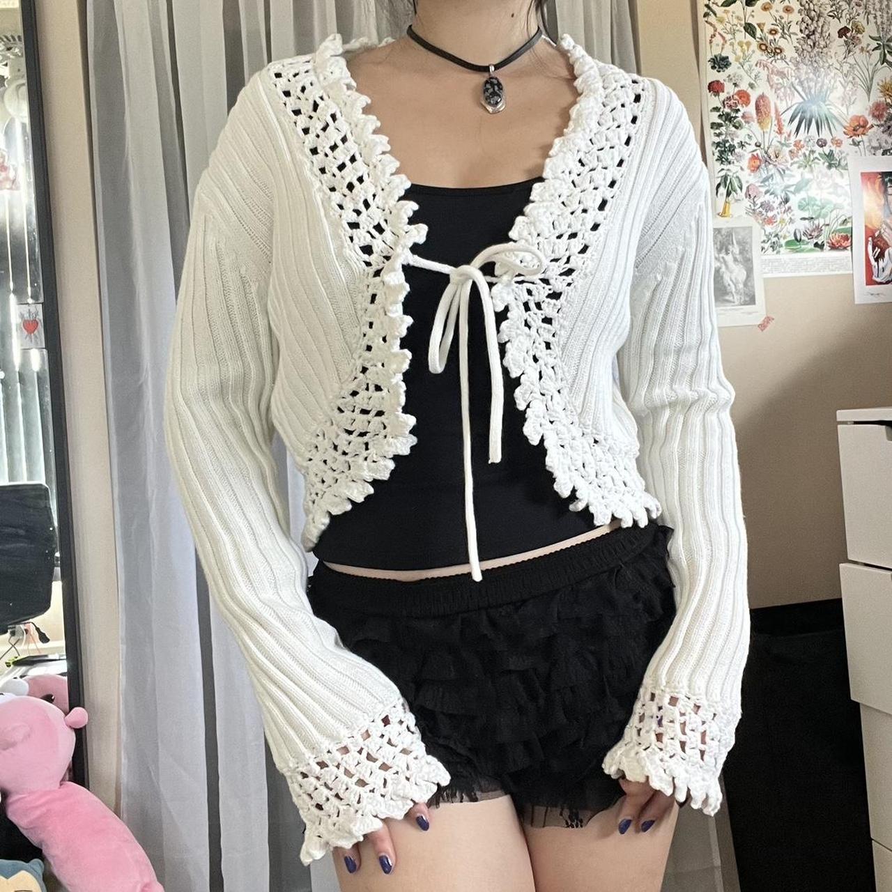Vintage white crochet knit cropped cardigan with tie... - Depop