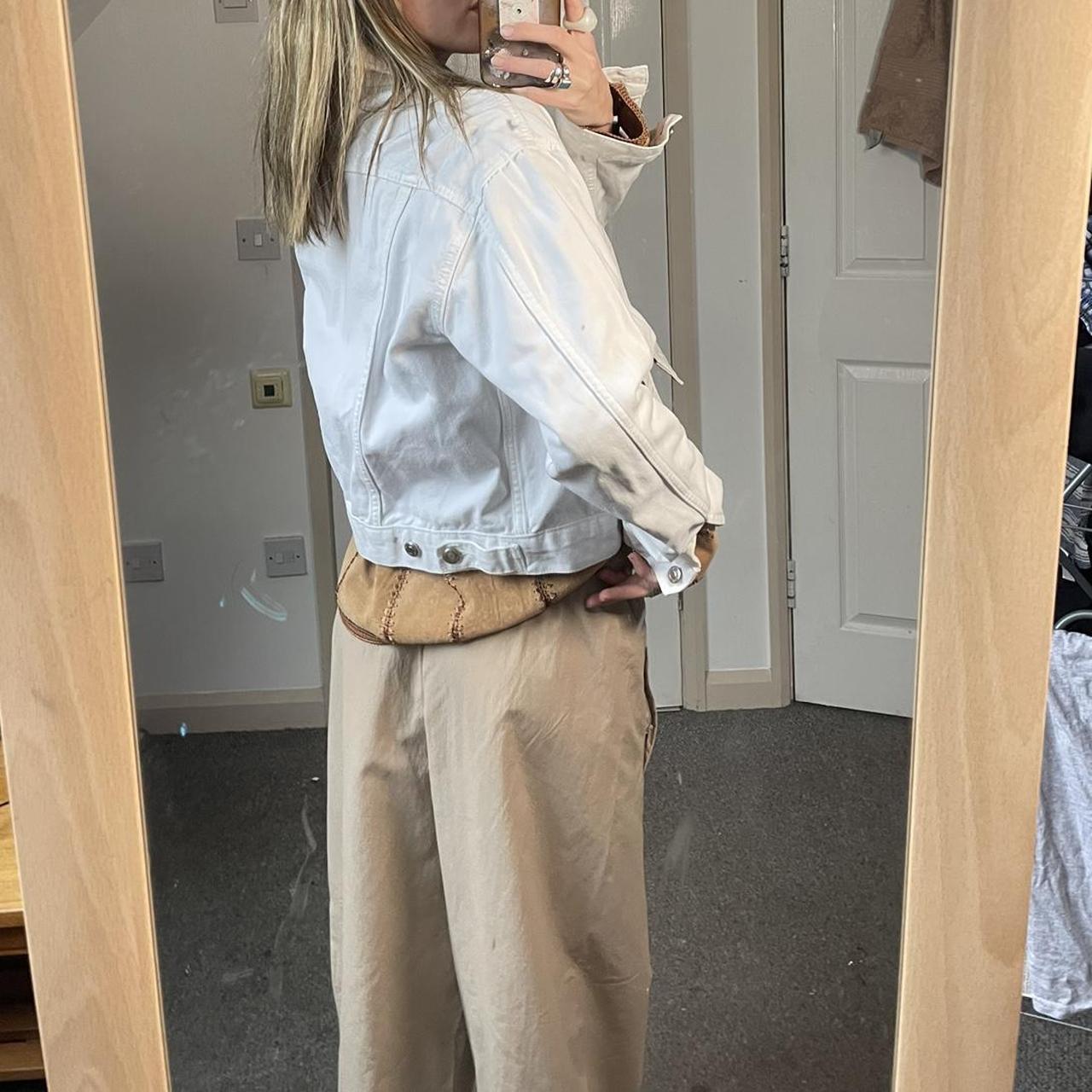 White denim baggy cropped jacket (goes to belly... - Depop