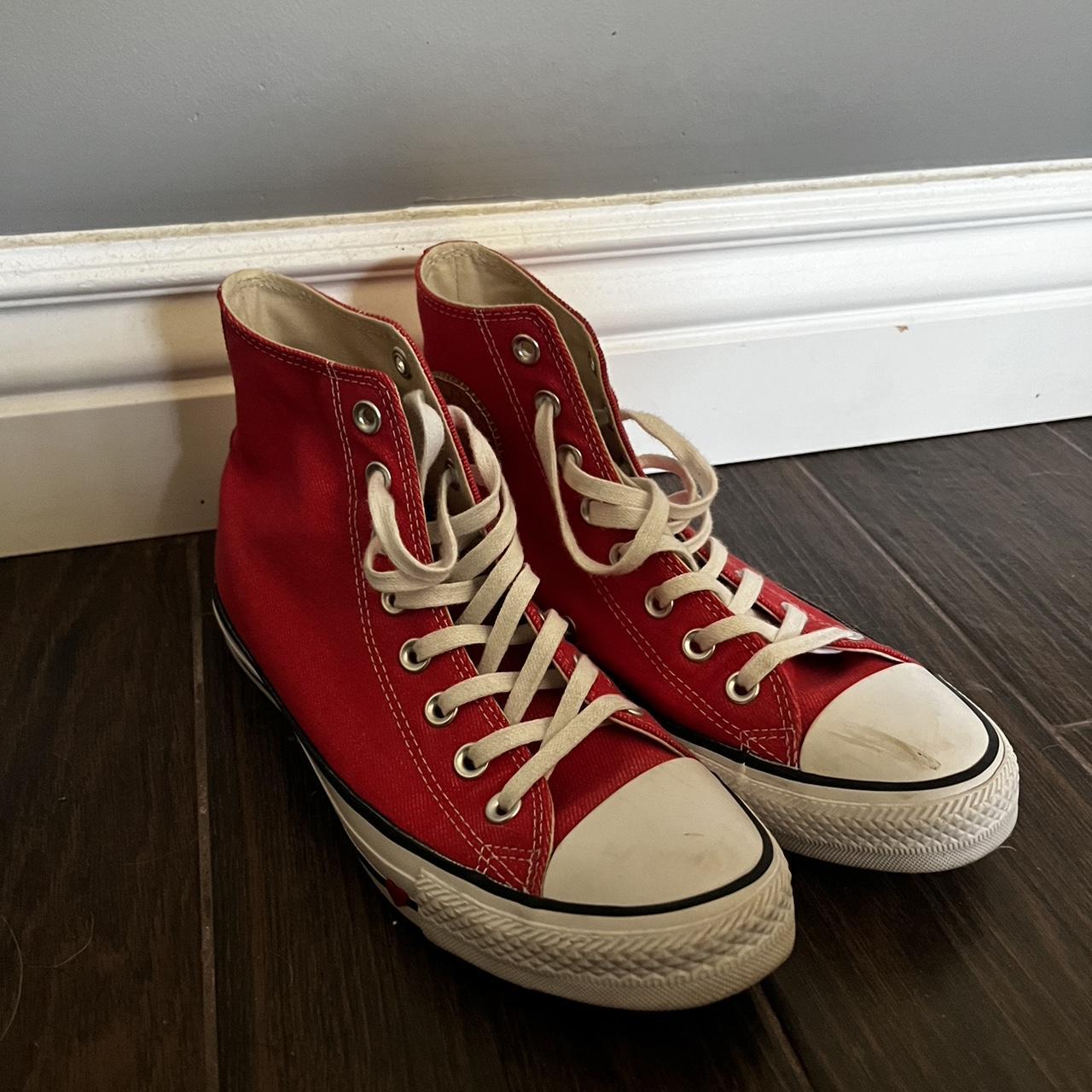 Women’s Red converse with heart emblems on inner... - Depop