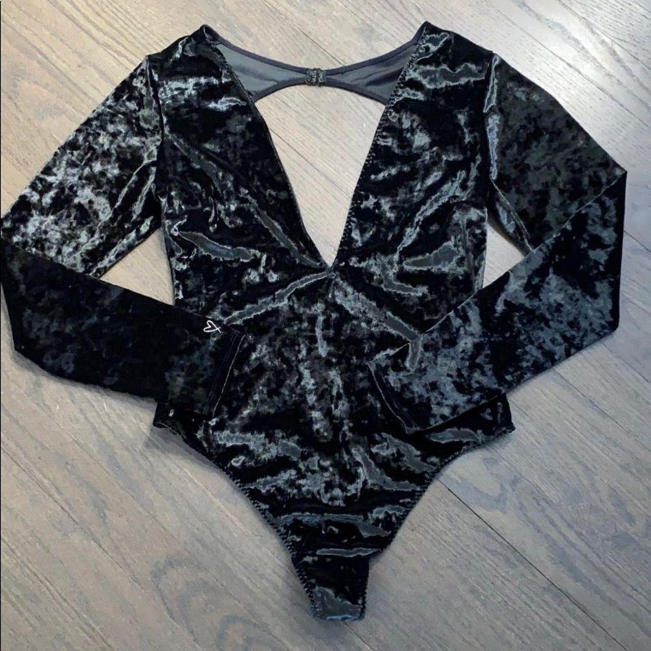 Black Crushed Velvet Deep-V Open Back Thong Bodysuit... - Depop