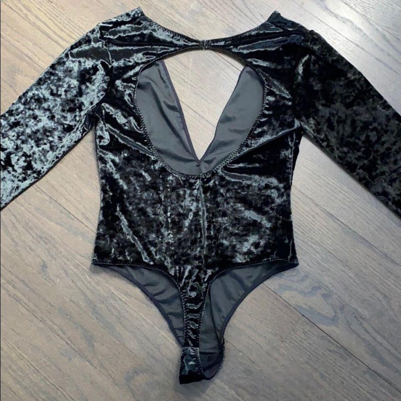 Black Crushed Velvet Deep-V Open Back Thong Bodysuit... - Depop
