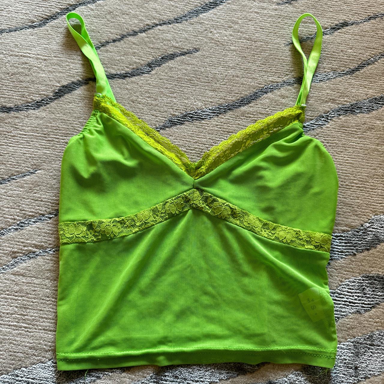 lime green lace-trim cami - fits size XS/small - Depop
