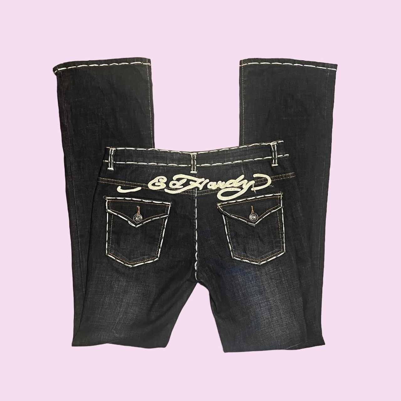 Ed Hardy Women's Navy and White Jeans | Depop