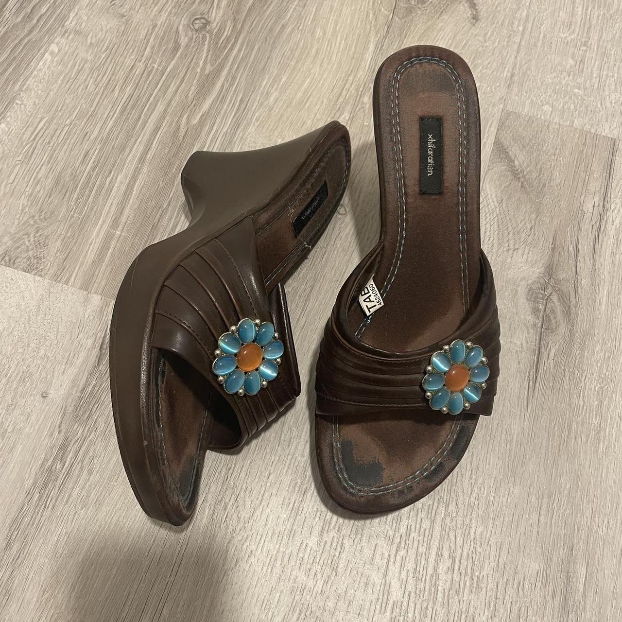 2000s target wedge sandals. brown with blue flower.... - Depop