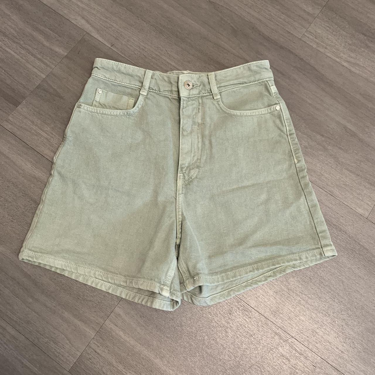 Sage green denim shorts -high rise, longer shorts... - Depop