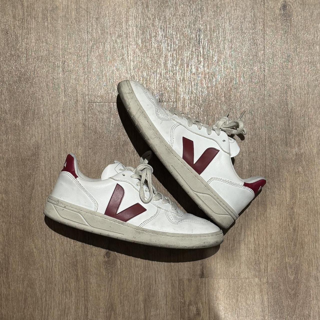 White and red Veja V-10 trainers #sneakers - Depop