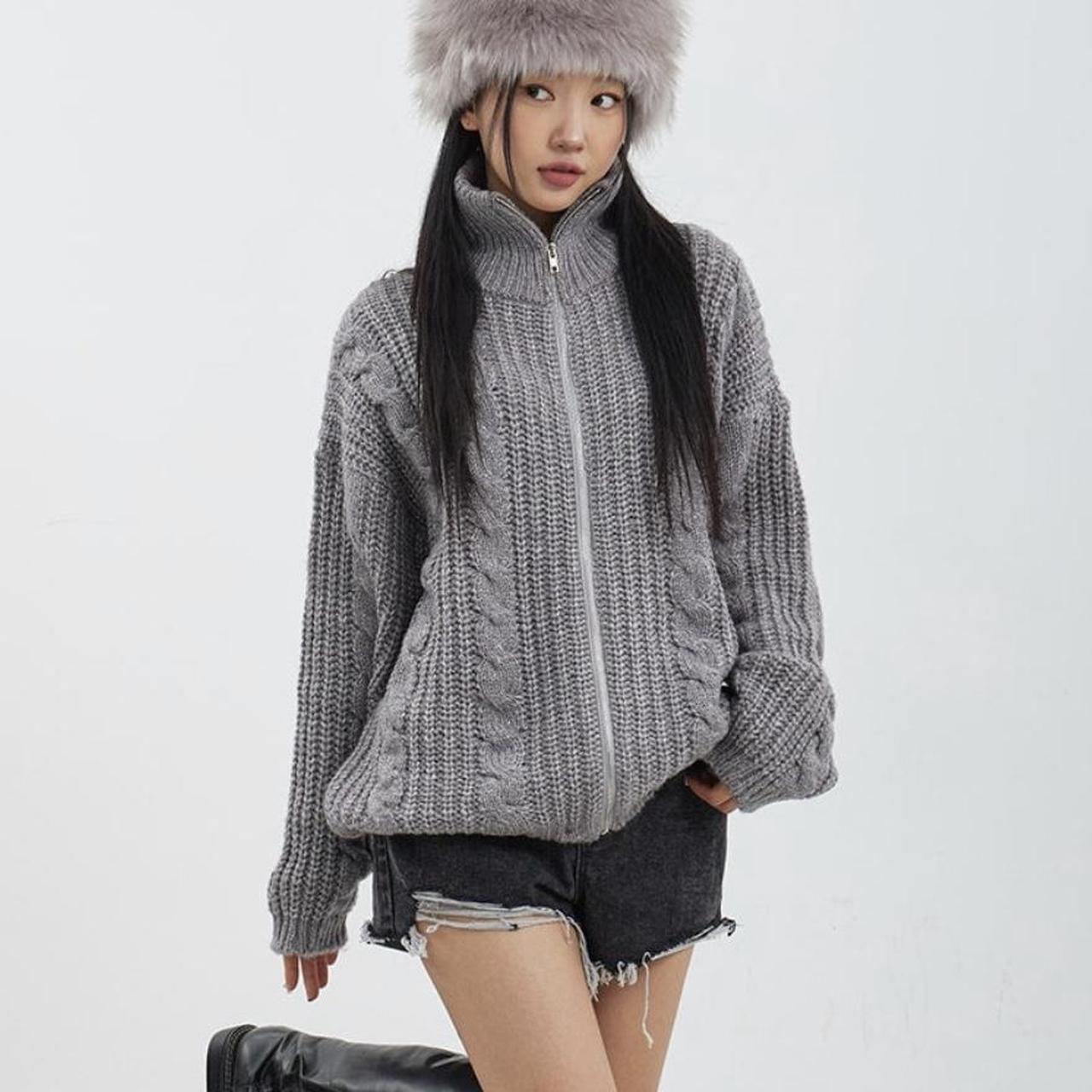 Oversized Zip up Knit Sweater korean style knit -... - Depop