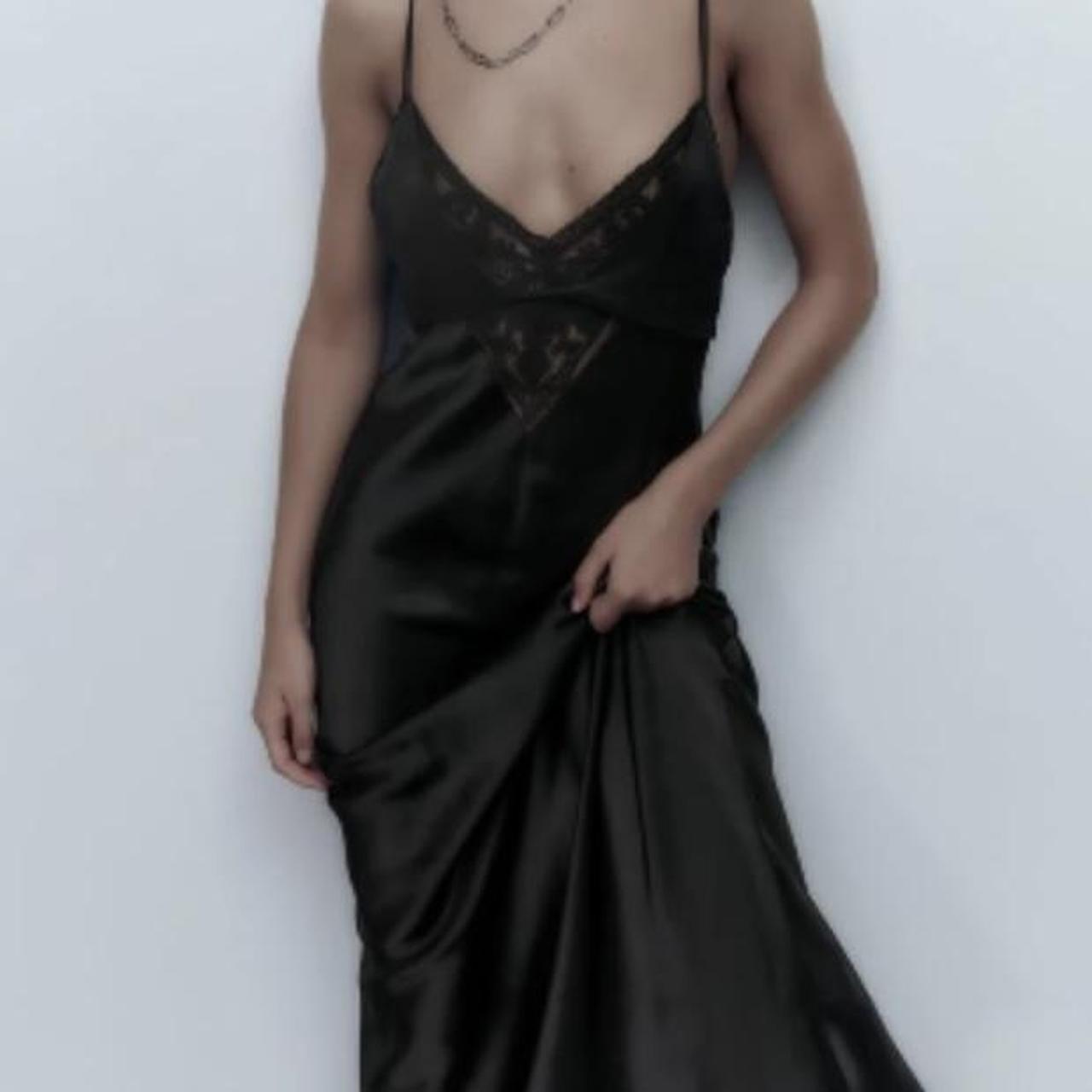 Long, black, satin Zara dress. Never worn. - Depop