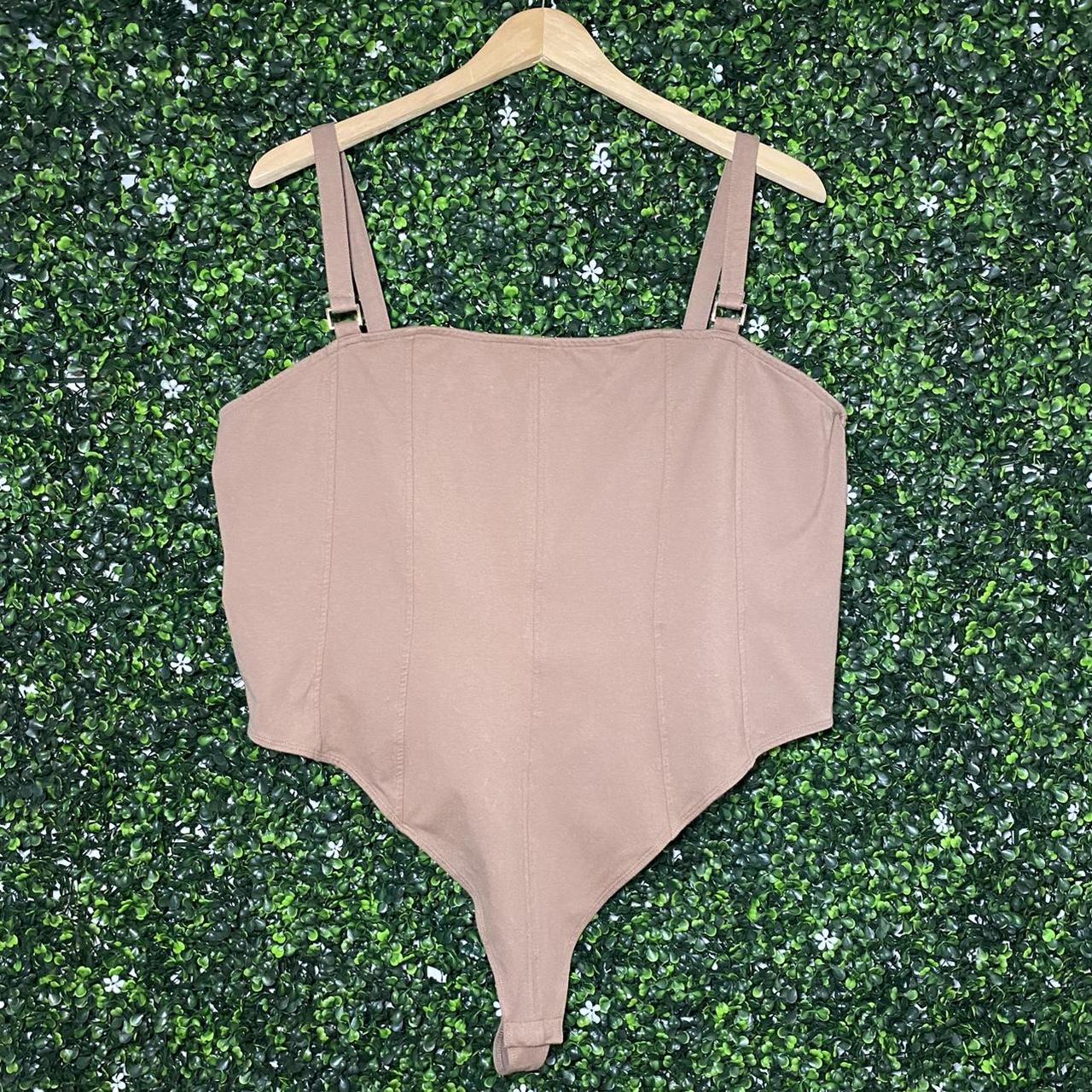 H&M tan thong bodysuit with shaping seams. Square... - Depop