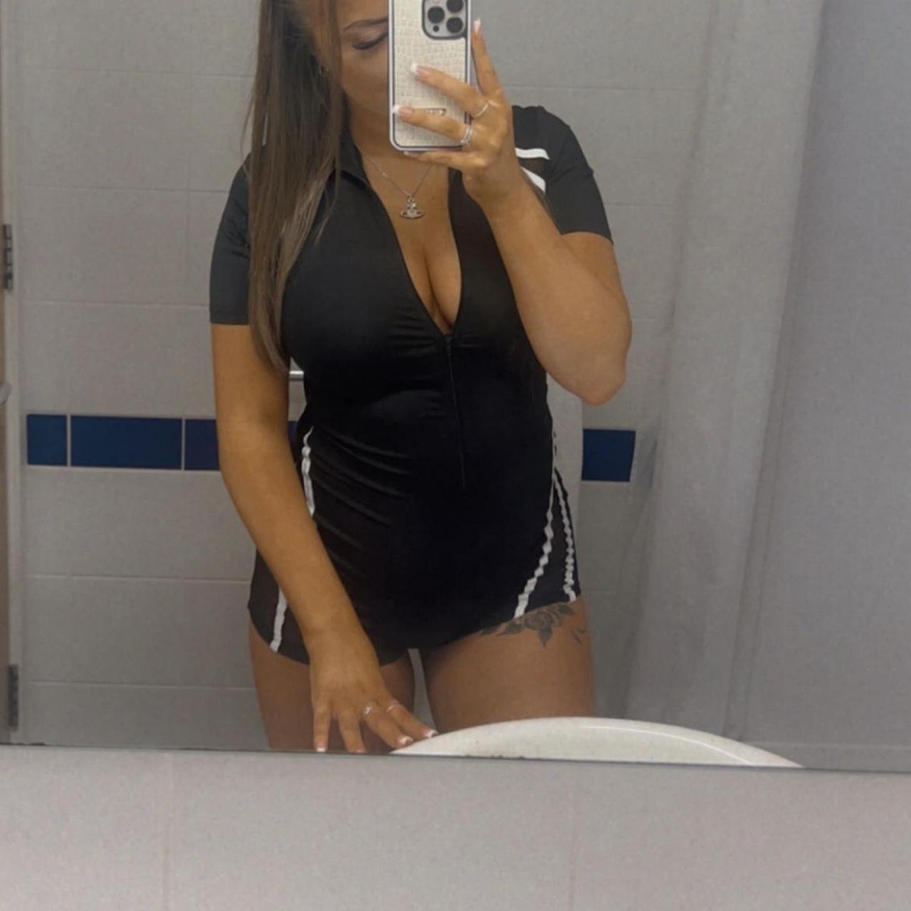 Katchme black playsuit with white piping Size... - Depop