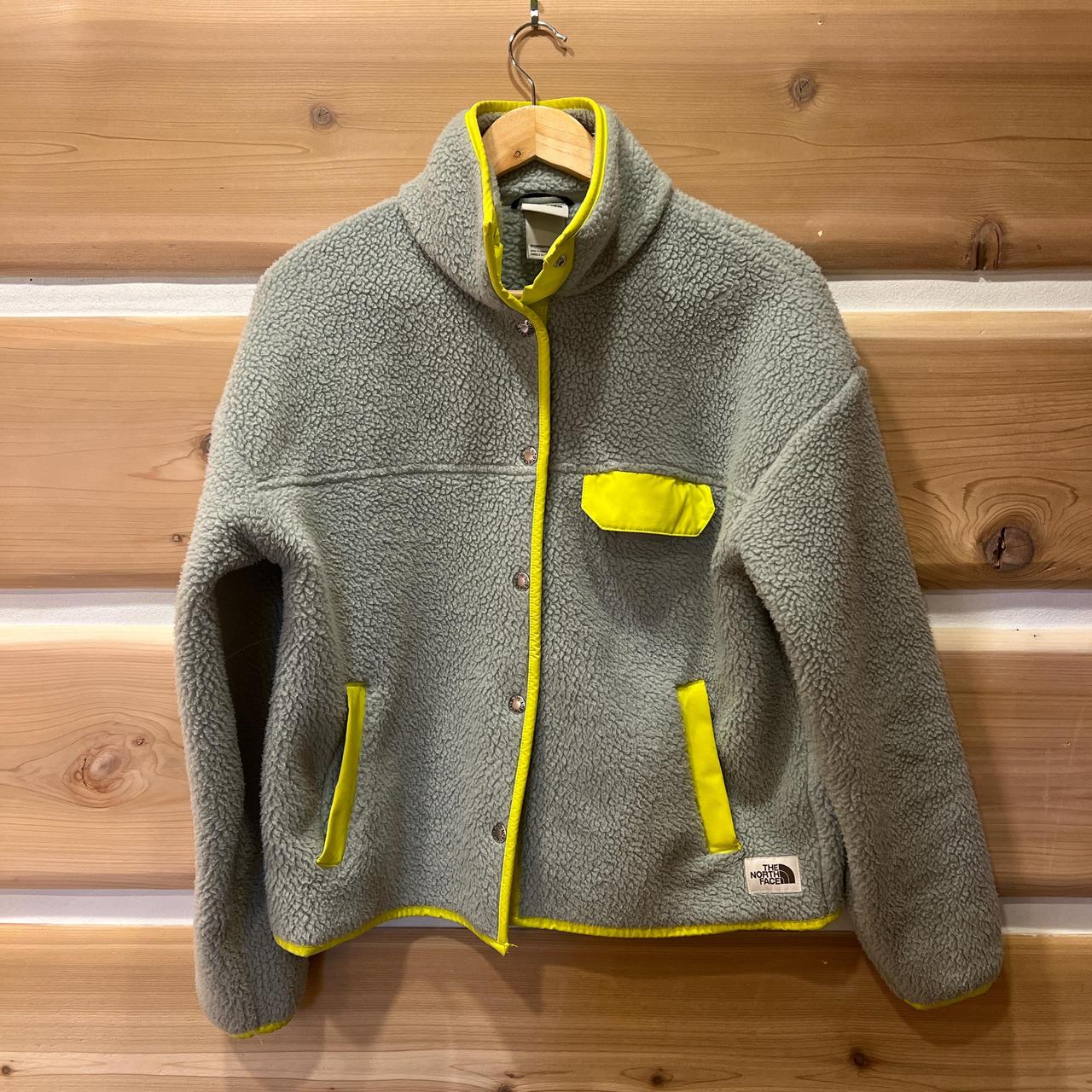 Grey with neon yellow trim. The North Face Sherpa... - Depop