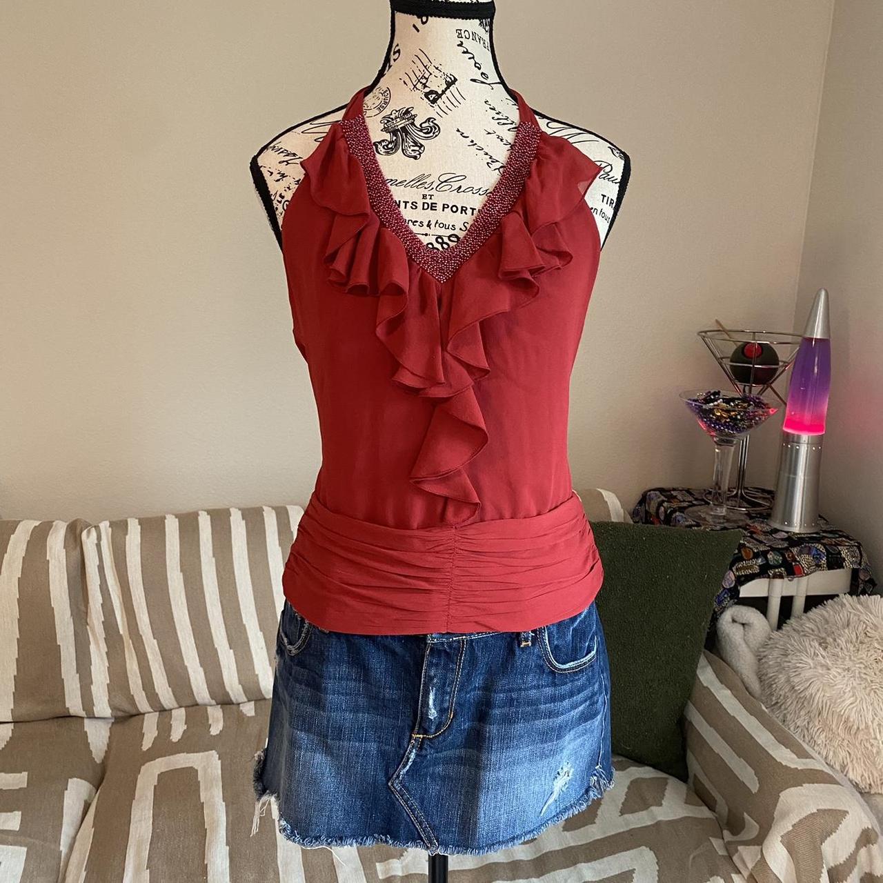 Red ruffle halter top with beaded and ruffle details... - Depop