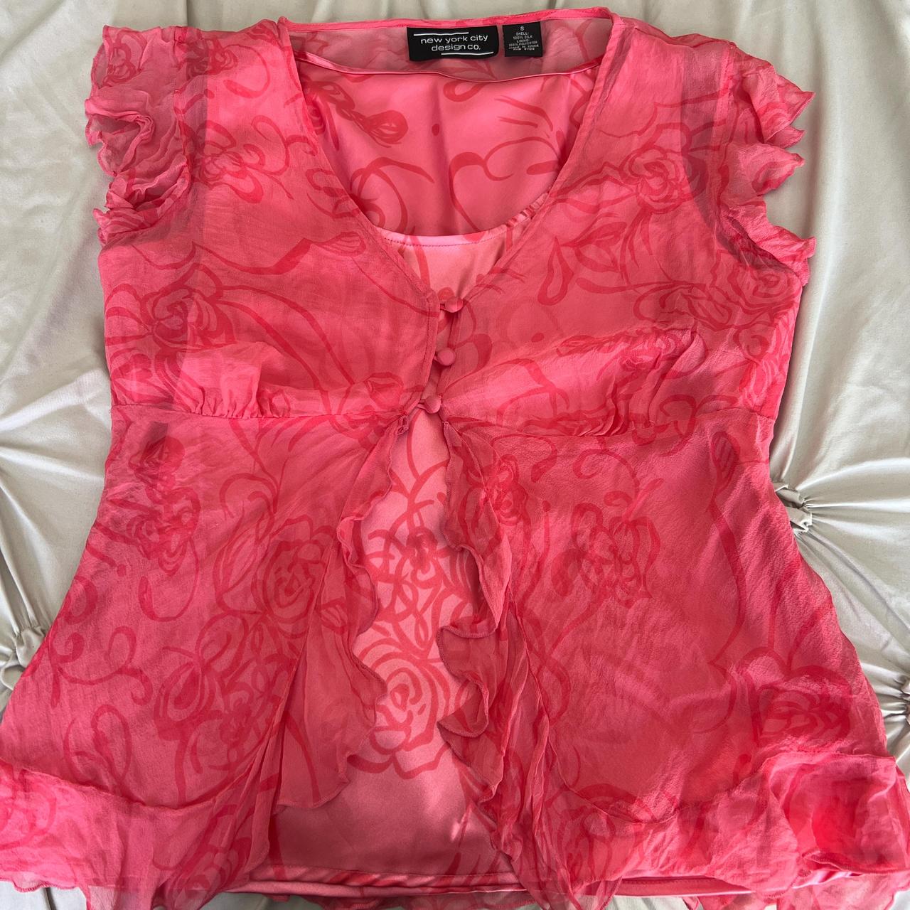 2000s vintage pink sheer top with ruffle detailing... - Depop