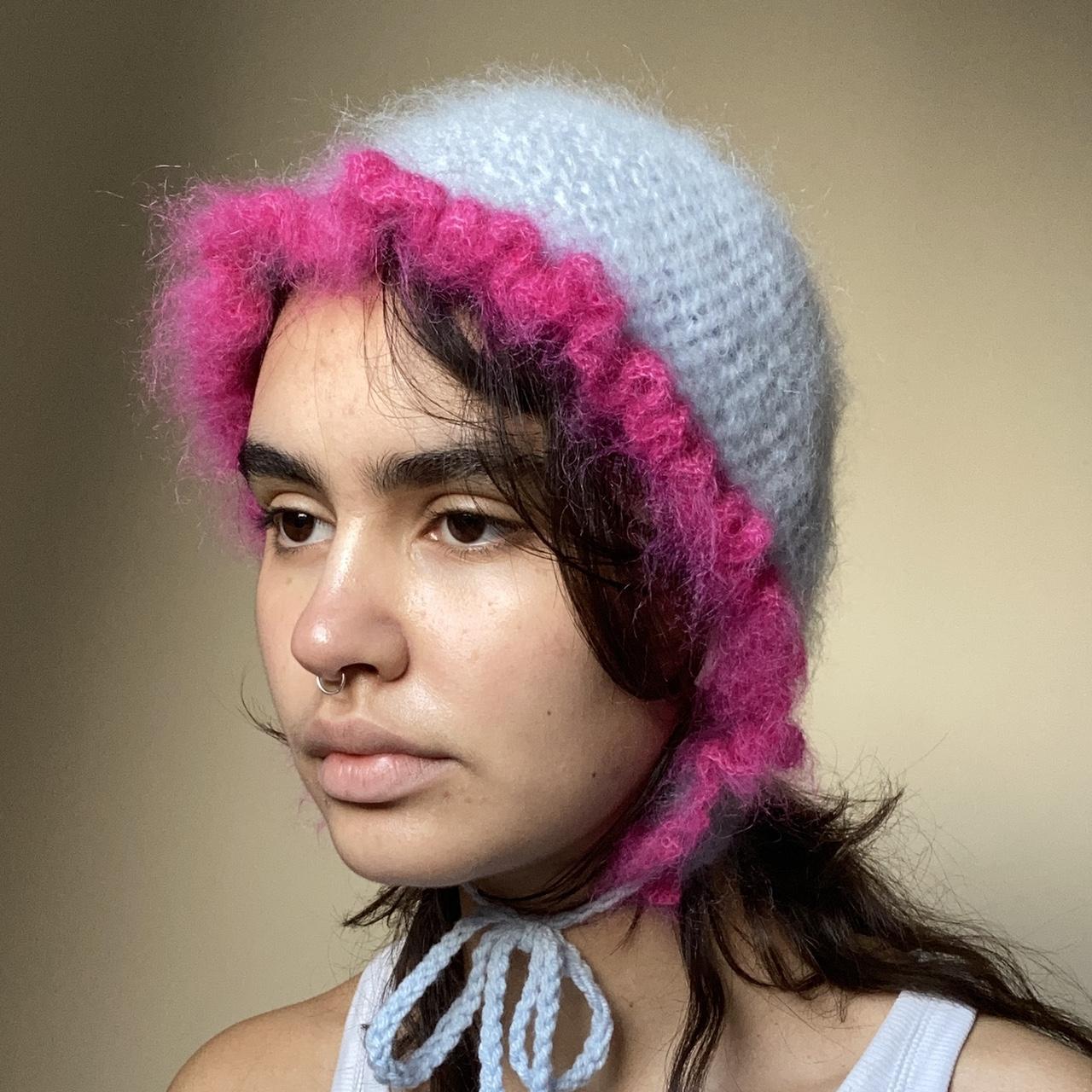 hand crocheted mohair bonnet! baby blue and hot pink... - Depop
