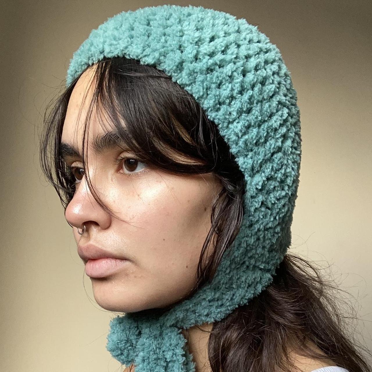 hand crocheted super fluffy blue bonnet! 🌀🤍🌀... - Depop