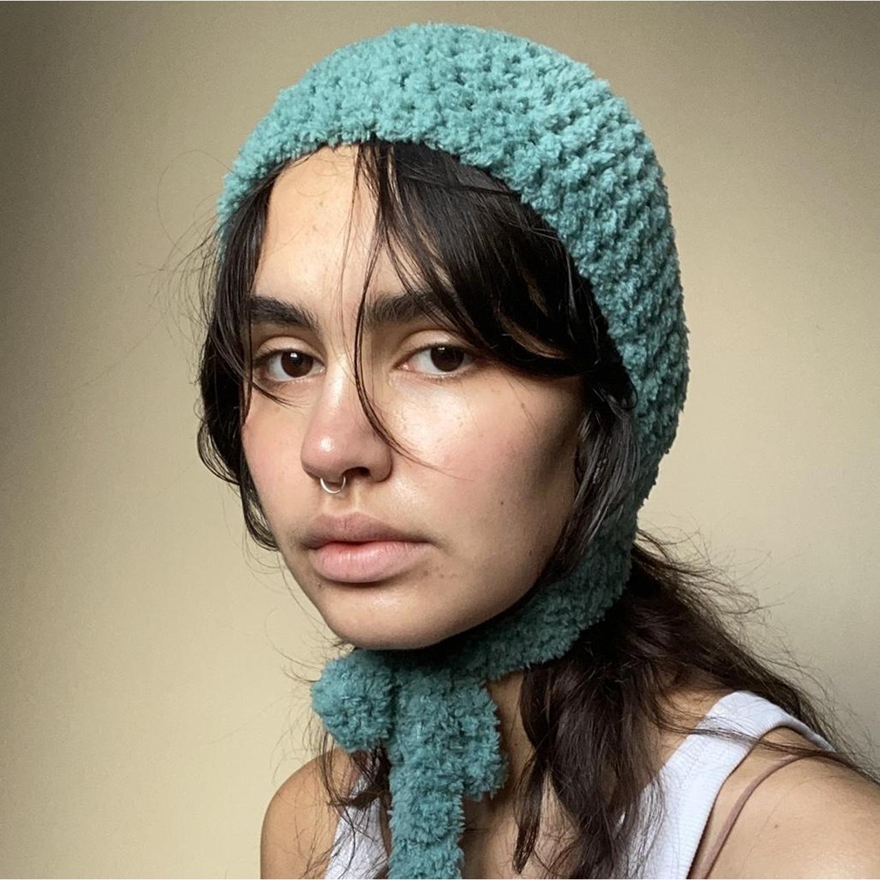 hand crocheted super fluffy blue bonnet! 🌀🤍🌀... - Depop