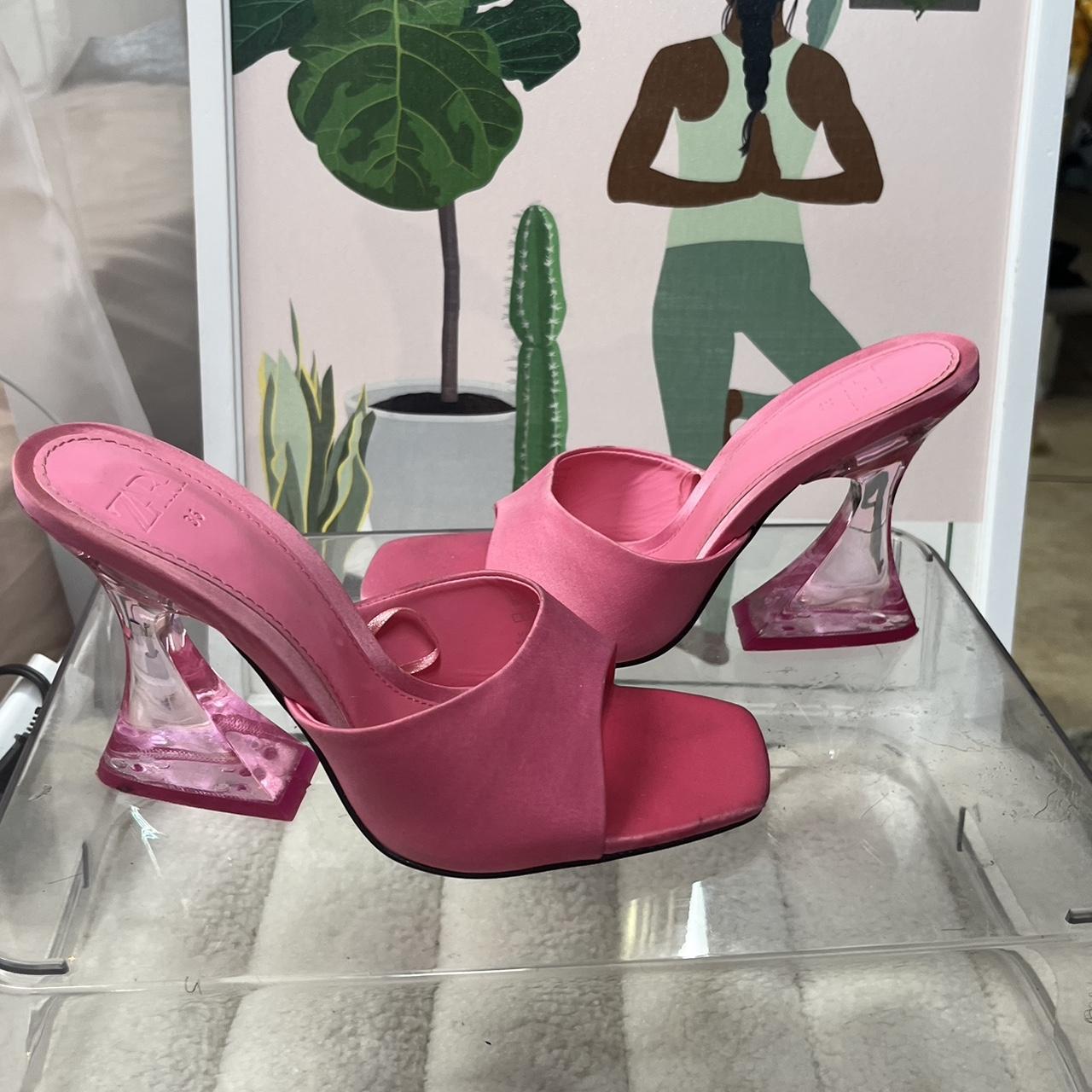 Hot pink satin Zara mules with a clear pink heel.... - Depop