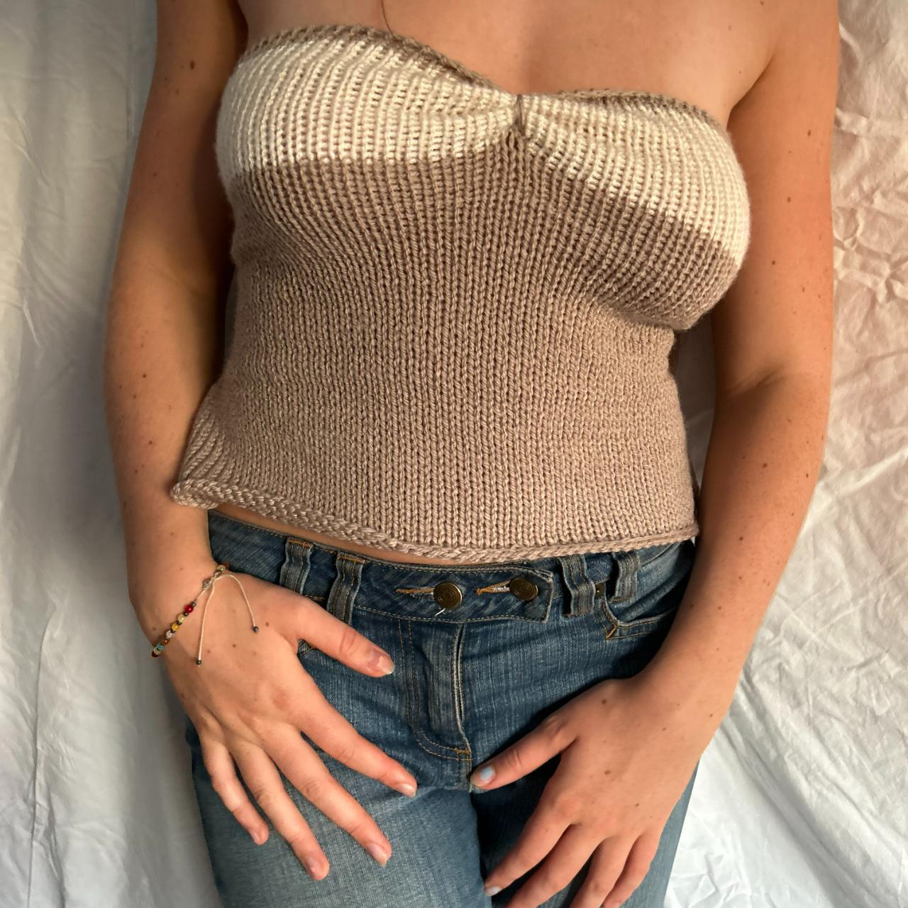 handmade knitted cream and light brown tube top -... - Depop