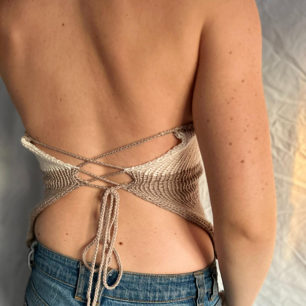 handmade knitted cream and light brown tube top -... - Depop