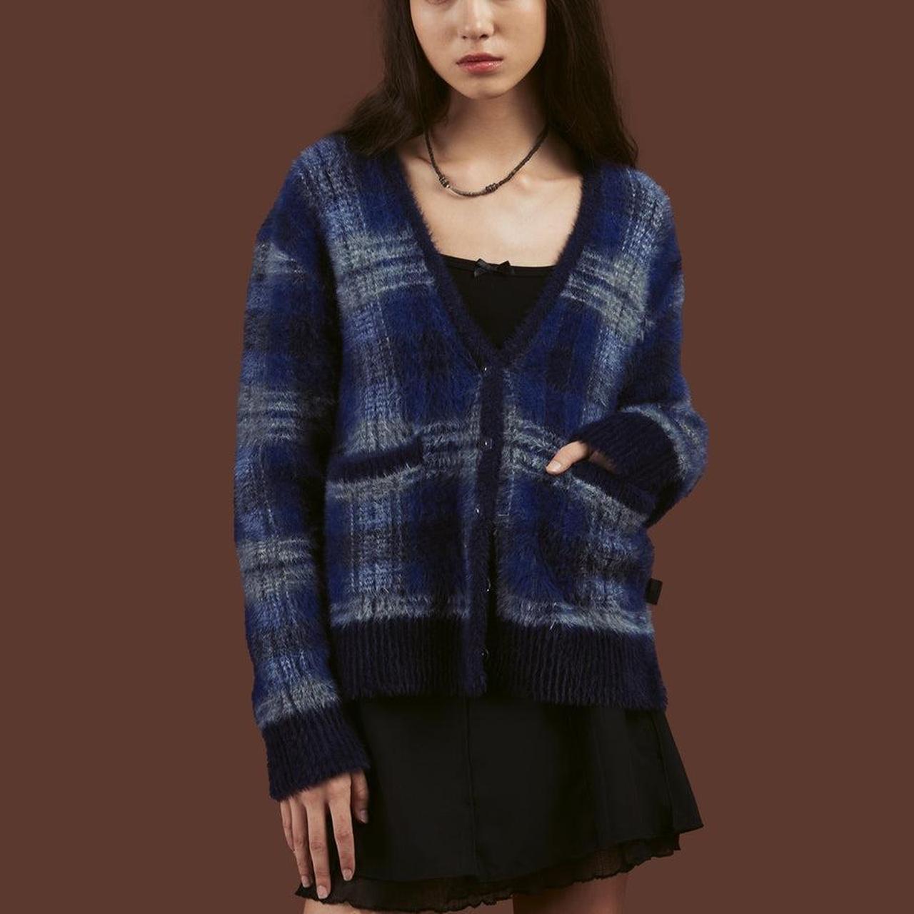 UNIF TY CARDIGAN. Fuzzy blue plaid cardigan. Very... - Depop
