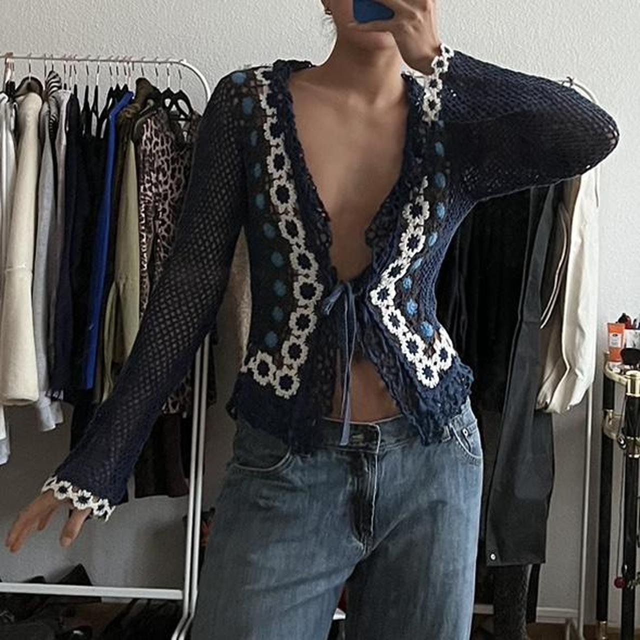 Vintage crochet cardigan Navy with daisies I’m... - Depop