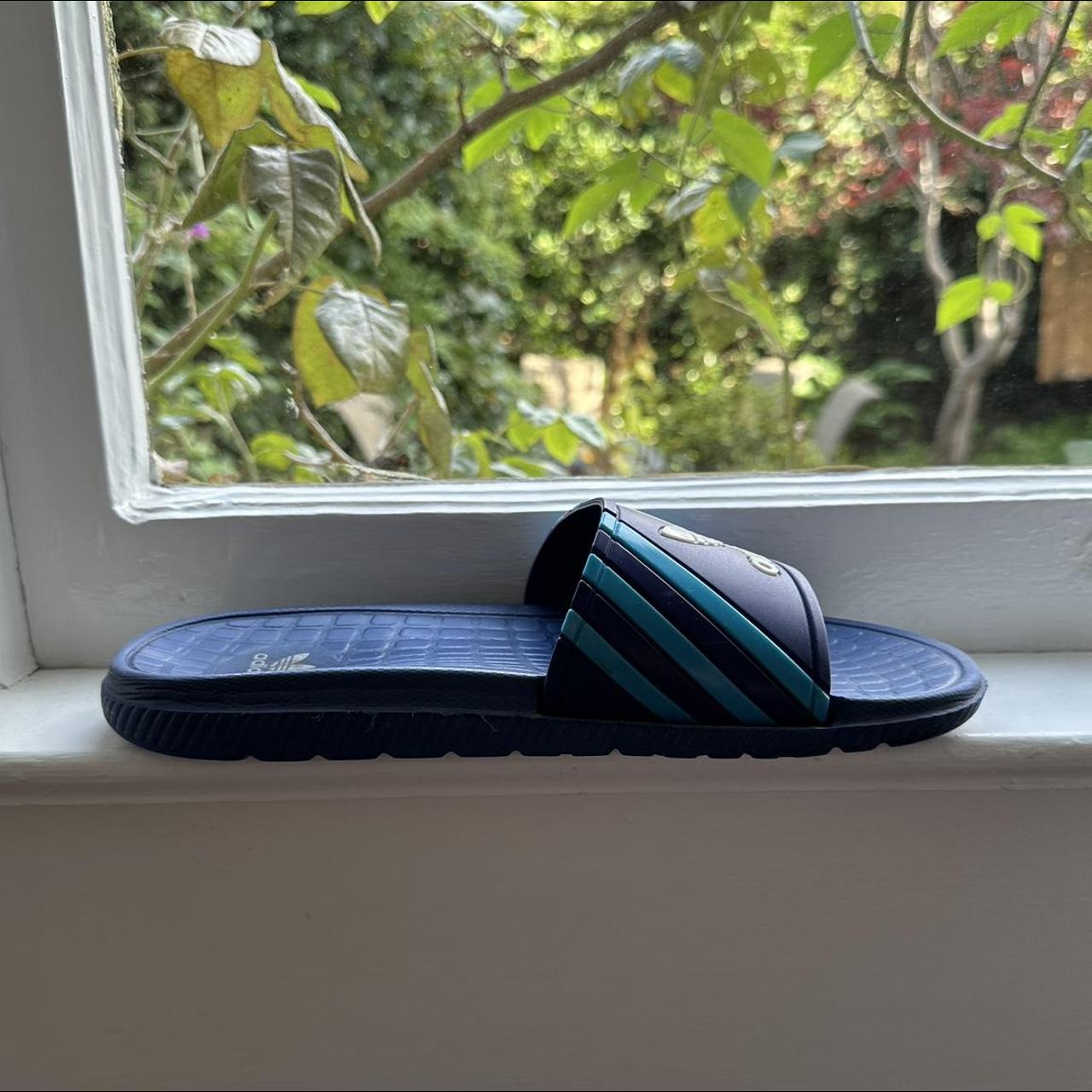 adidas blue slides, women’s shoe size 9-10 (eu size... - Depop