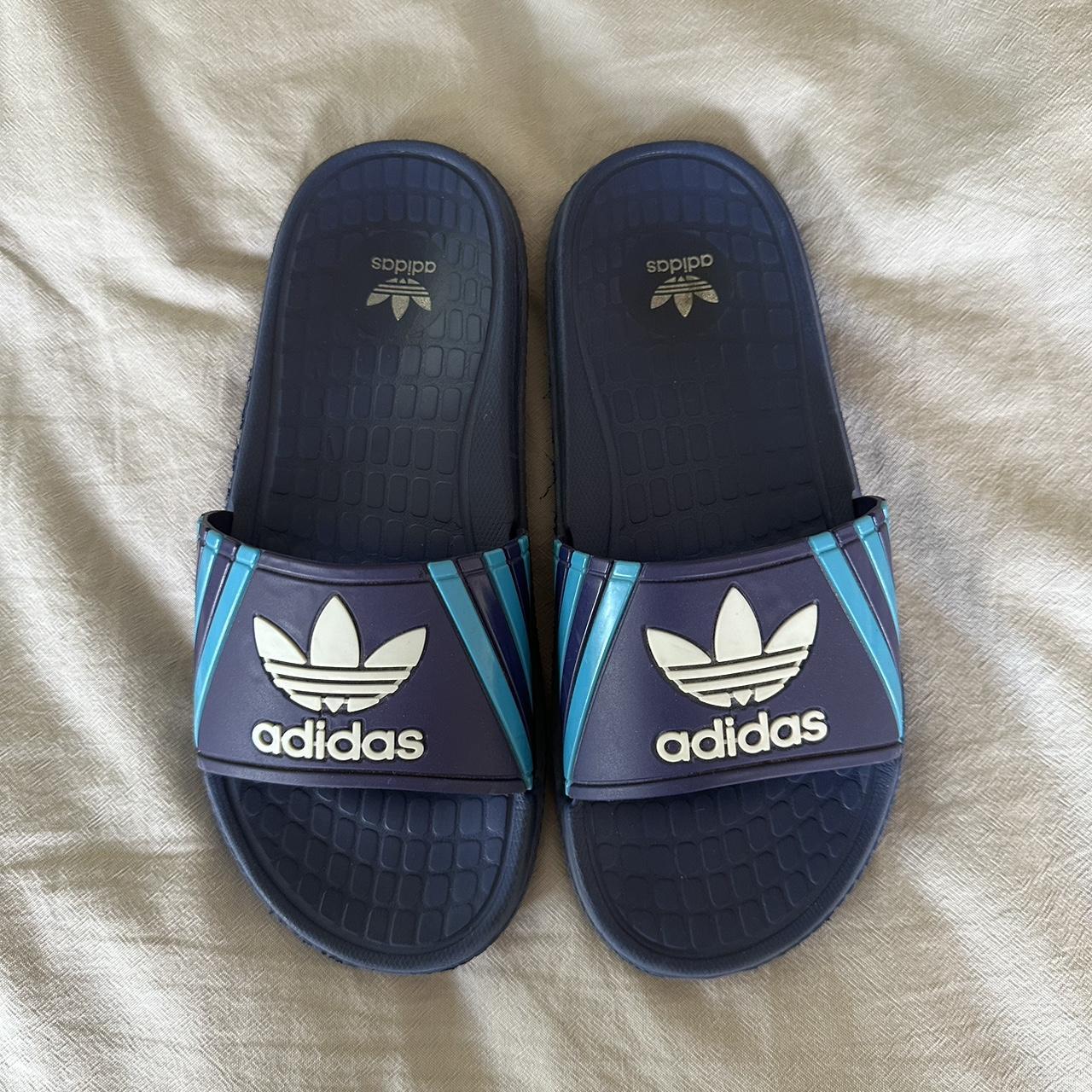 adidas blue slides, women’s shoe size 9-10 (eu size... - Depop
