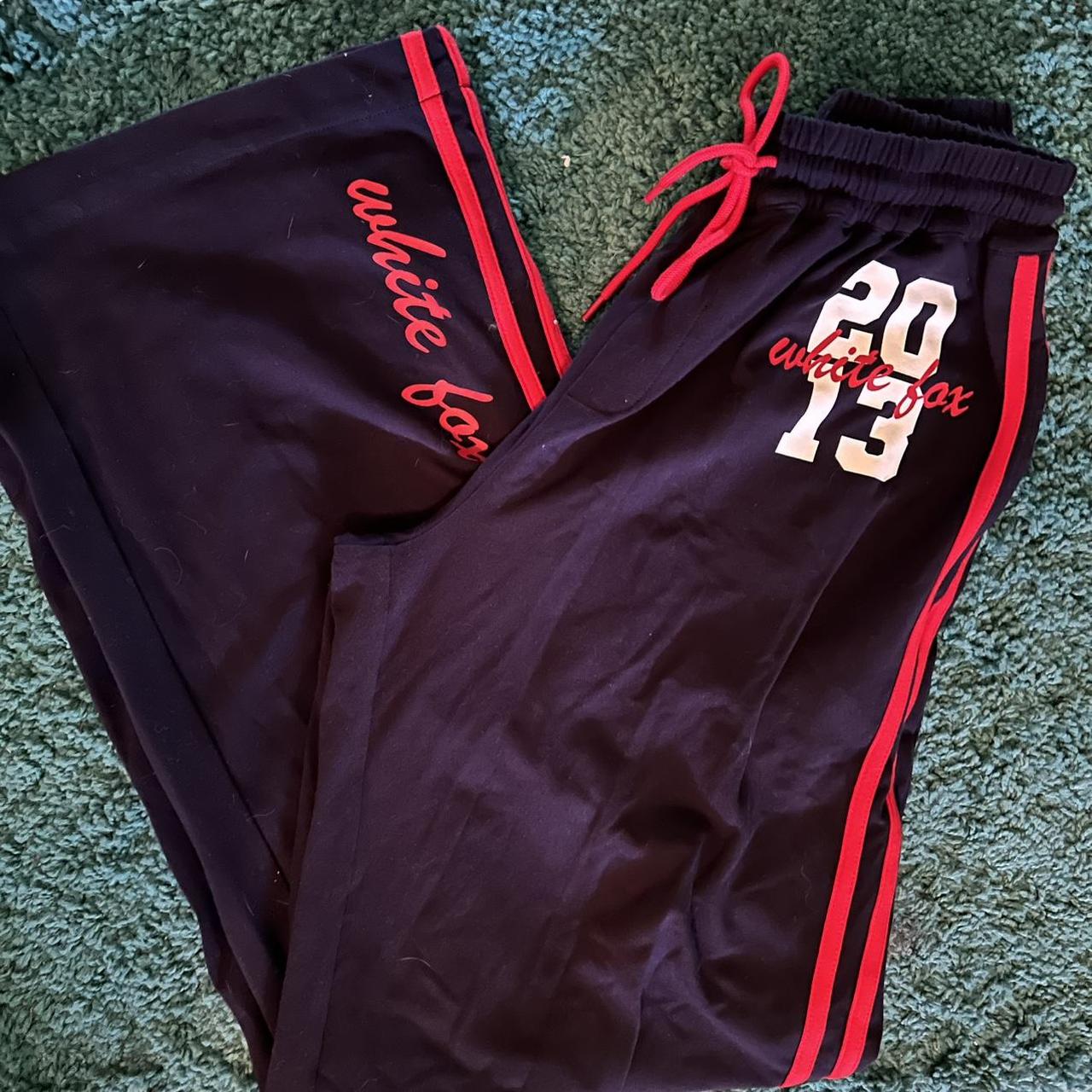 White fox sweats Navy and red striped sweatpants... | Depop