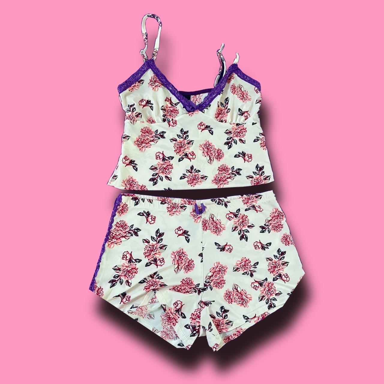 pink with purple lace pajama set tank and pajama... - Depop