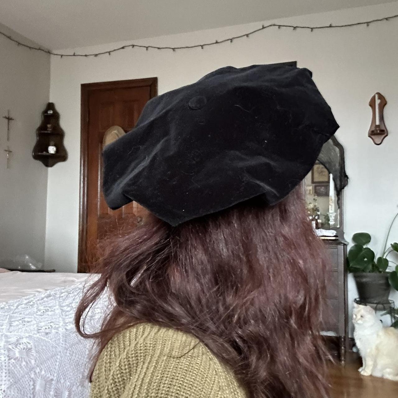 vintage black velvet beret, has elastic in the back... - Depop