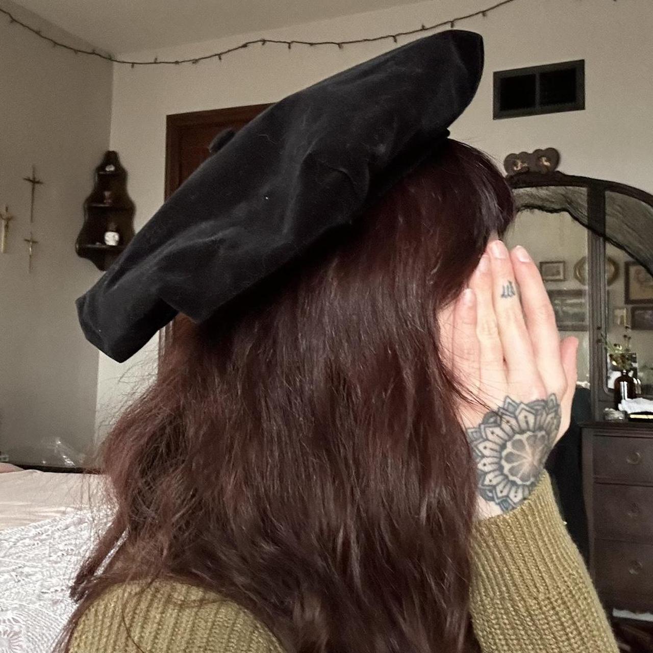 vintage black velvet beret, has elastic in the back... - Depop