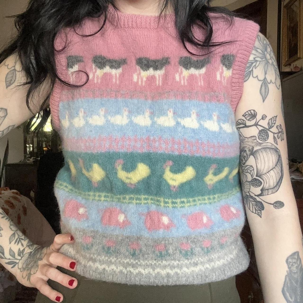 vintage pastel farm animal print wool sweater vest... - Depop
