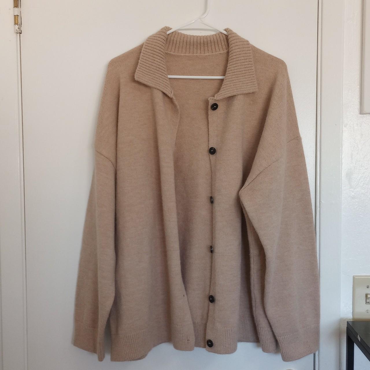 Oversized Beige Collared Button Up Cardigan No size... - Depop