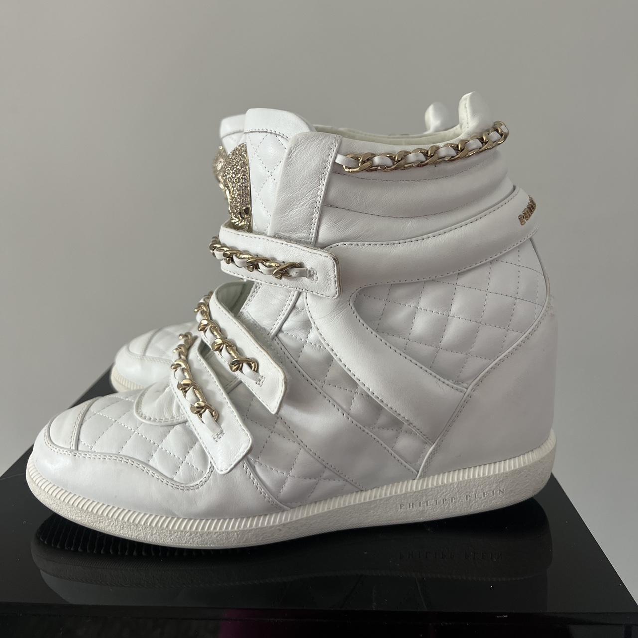 Phillip Plein High top White leather gold chain... | Depop