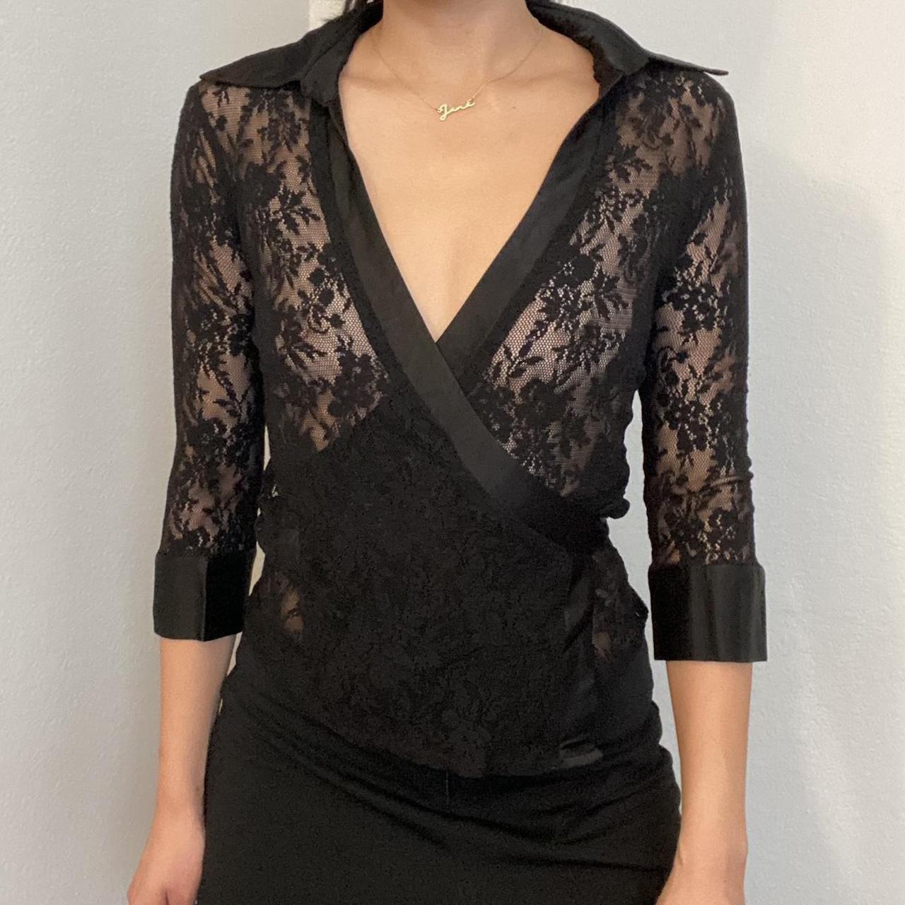 Vintage 2000s Collared Chic Lace Top Black fully... - Depop