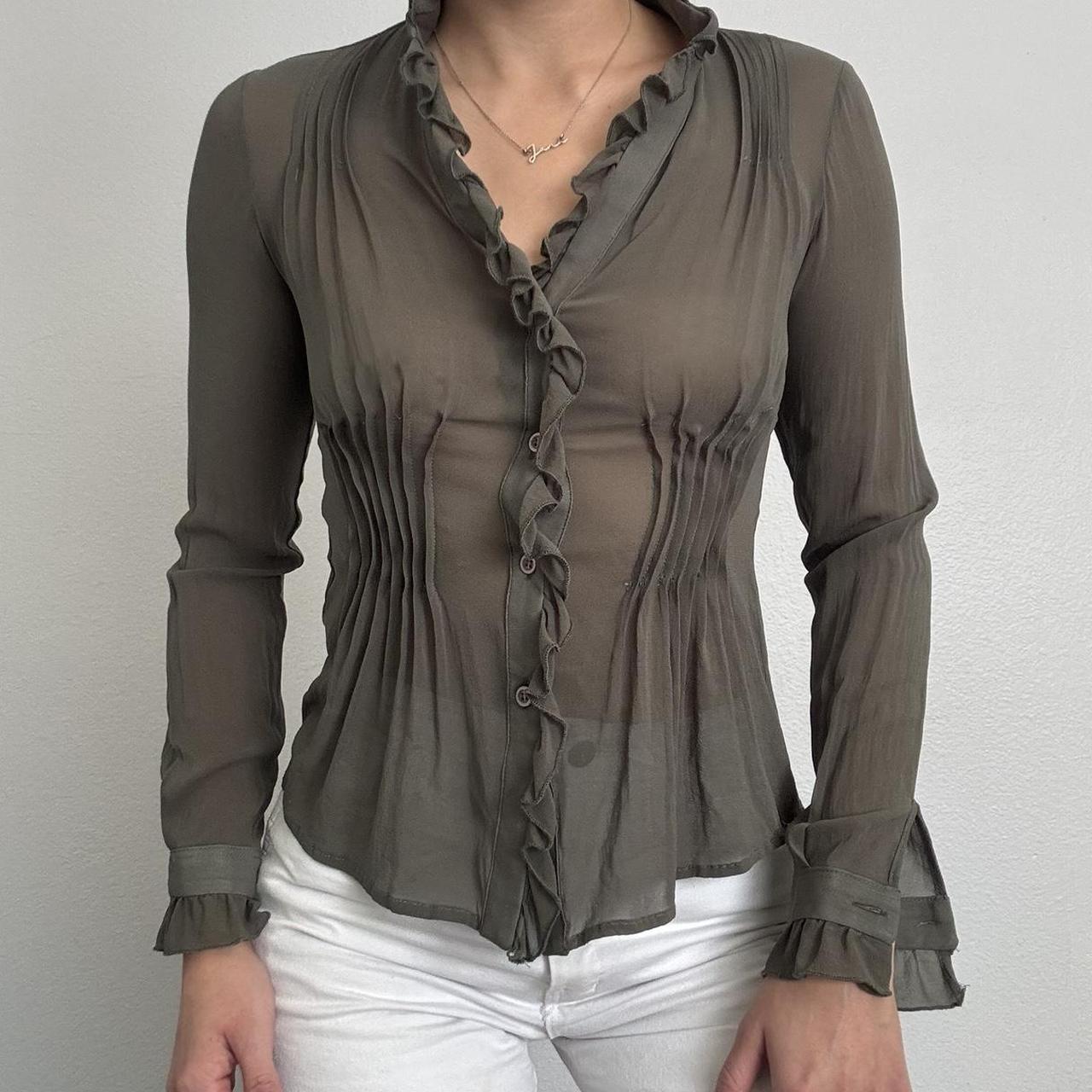 Vintage Renaissance Ruffle Button Up Mesh olive... - Depop