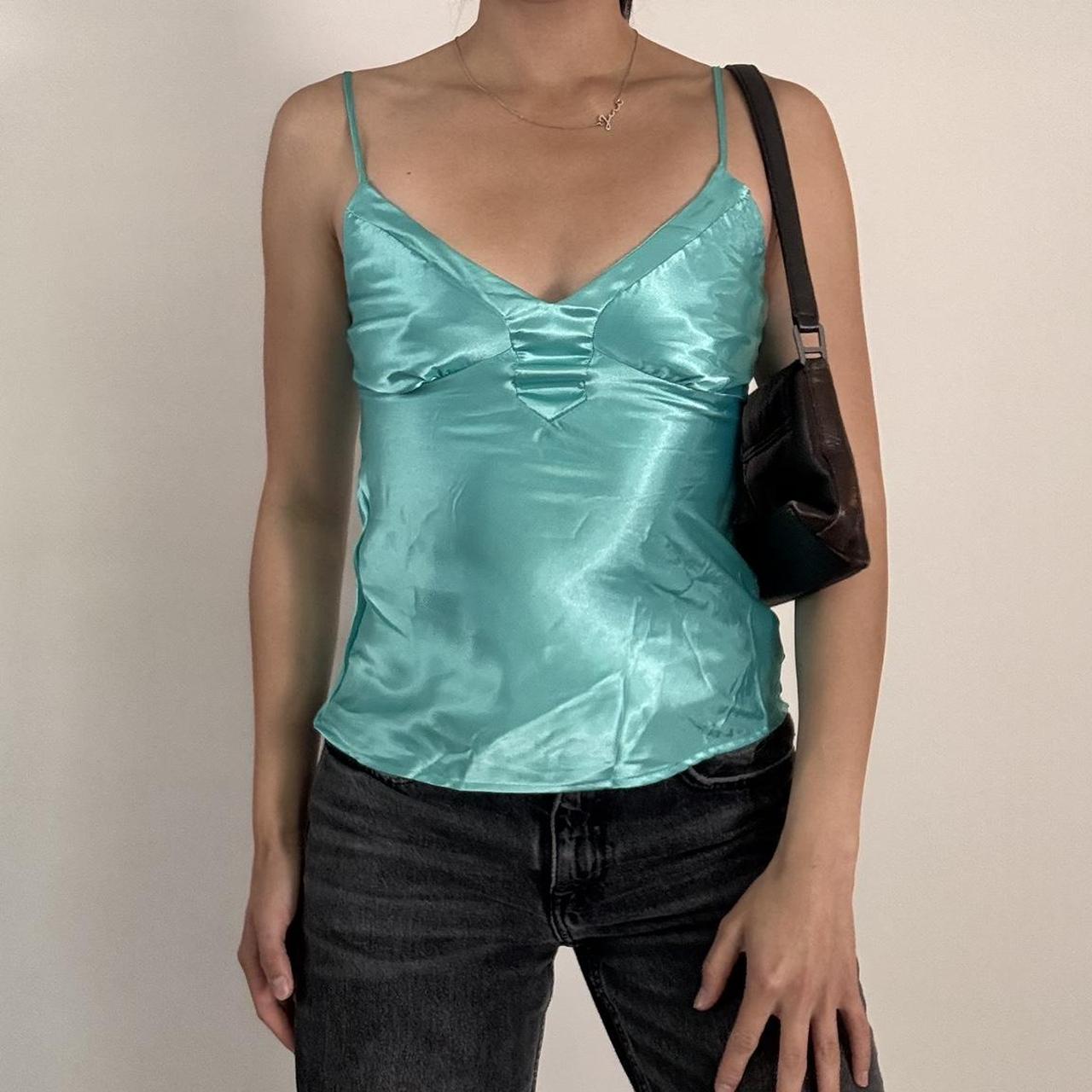 Vintage Satin F21 Cami Top Aquamarine turquoise... | Depop