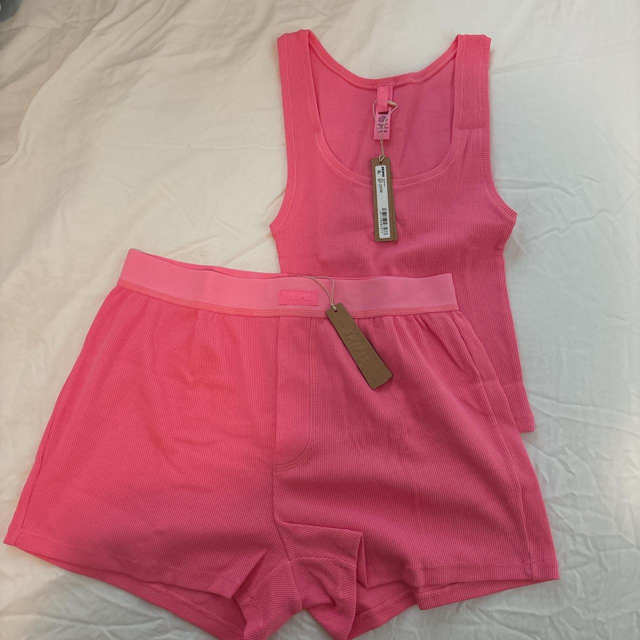 Skims pink ribbed tank and loose boxer shorts set... - Depop