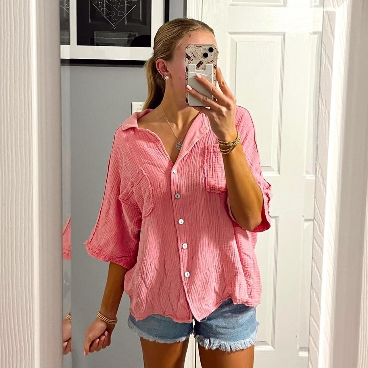 POL Short Sleeve Button Up Bubblegum Pink size... - Depop