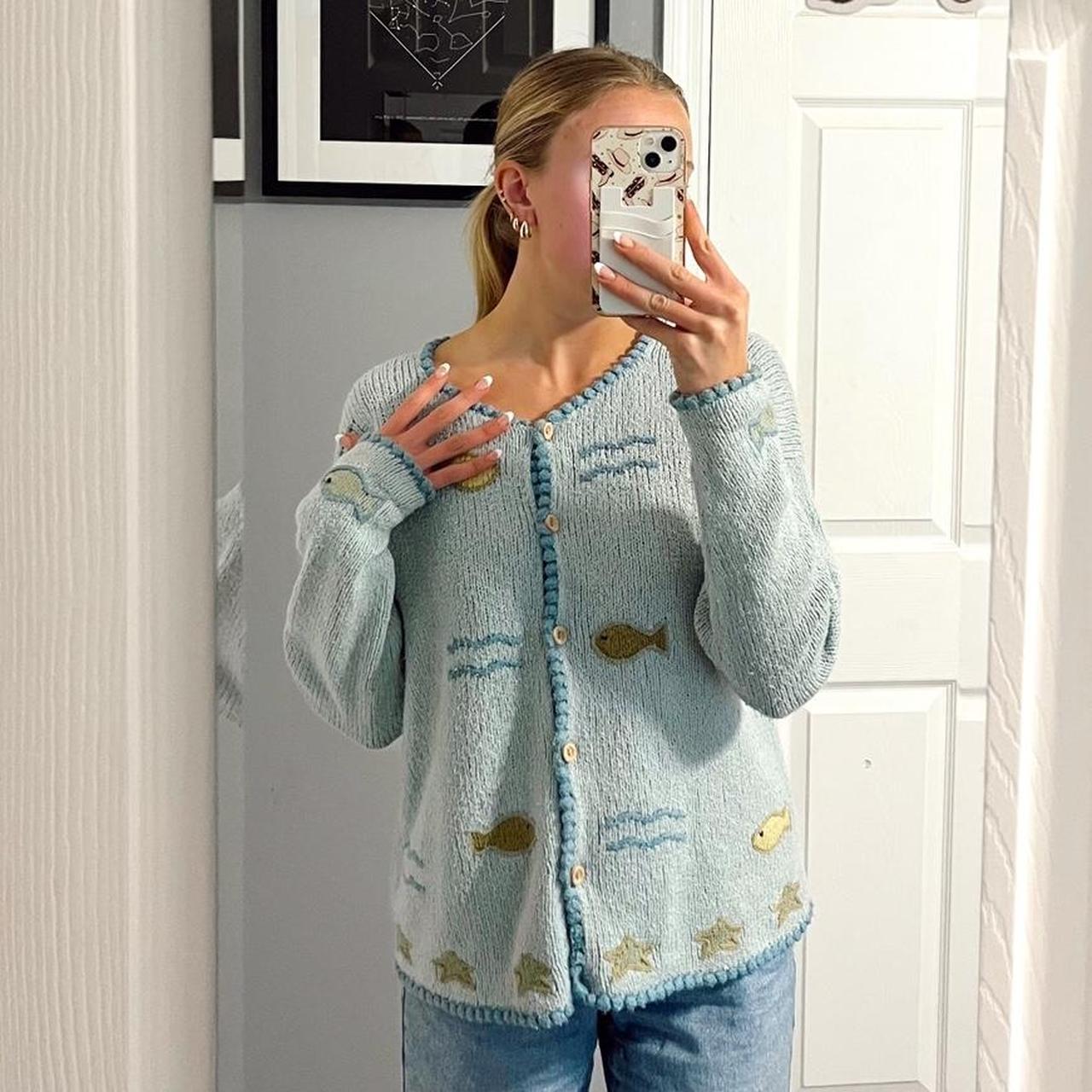 Vintage Hand Knit Fish Sweater Cardigan SO cute &... - Depop