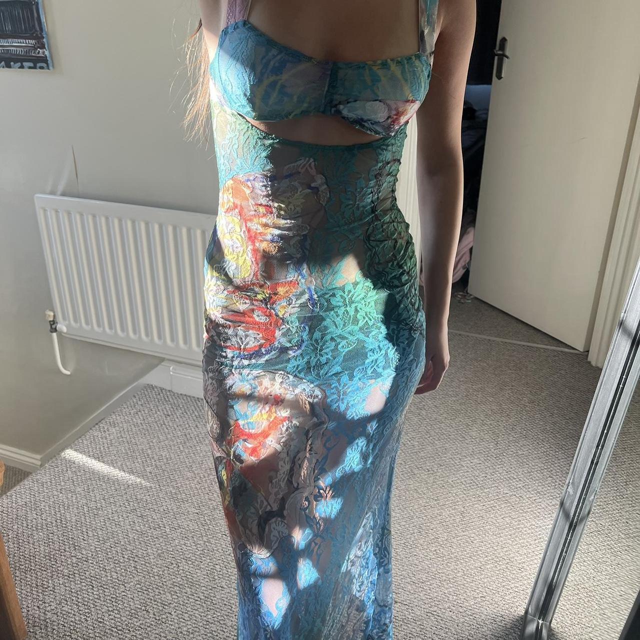 Y2KSTUDIO blue butterfly sheer mesh floral fishtail... - Depop