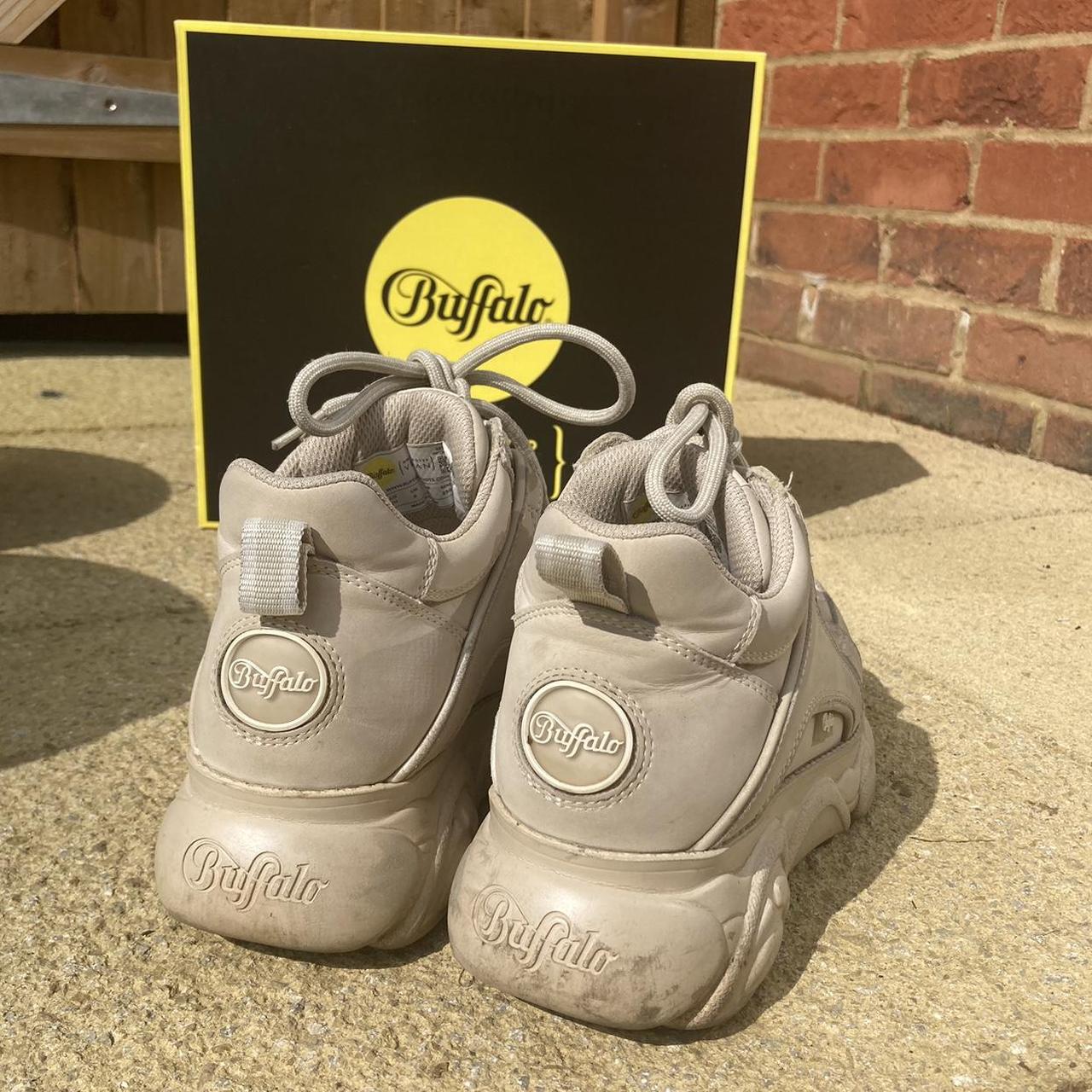 beige vegan buffalo platform trainers uk size... - Depop