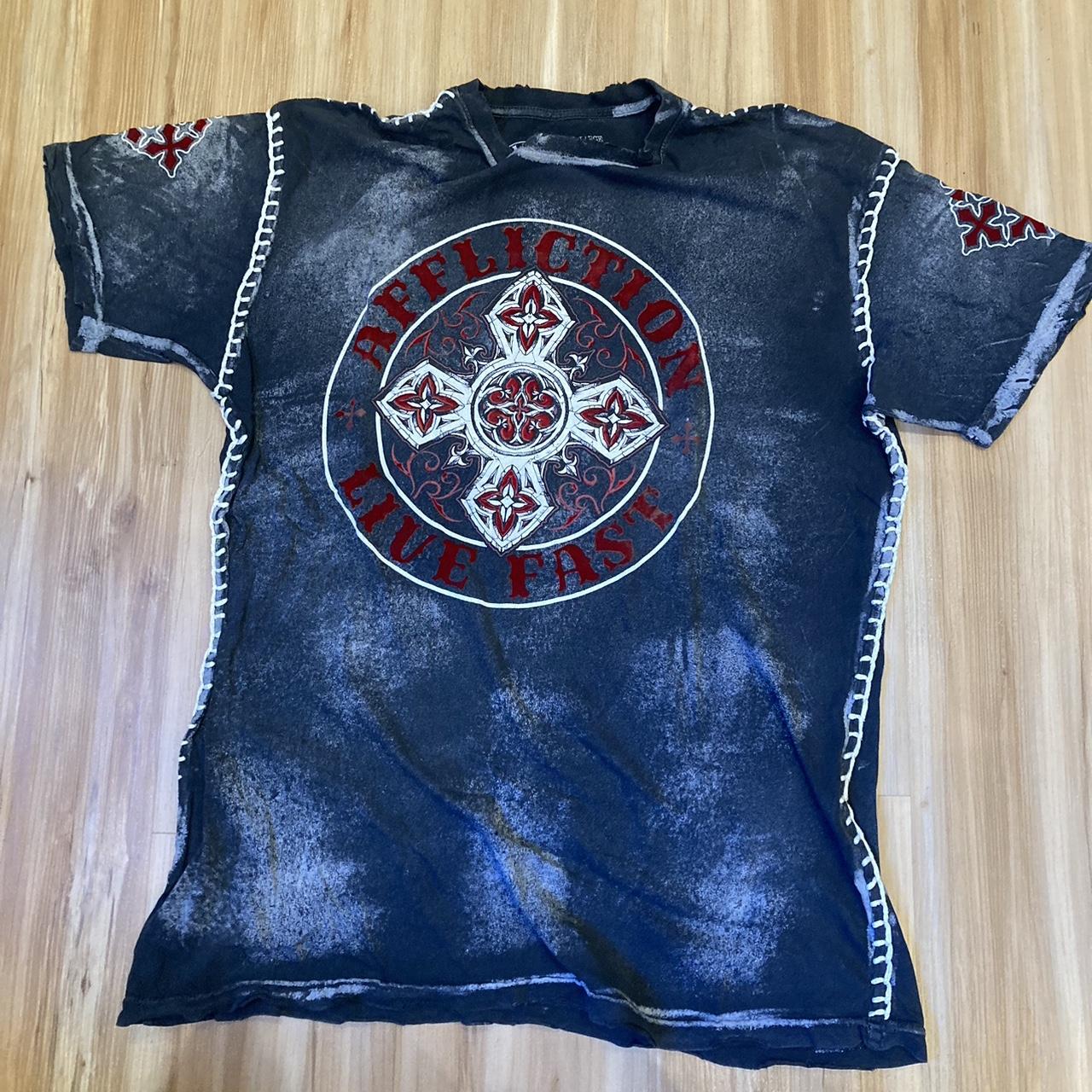 AFFLICTION DISTRESSED WINGED CROSS SHIRT/ in... - Depop