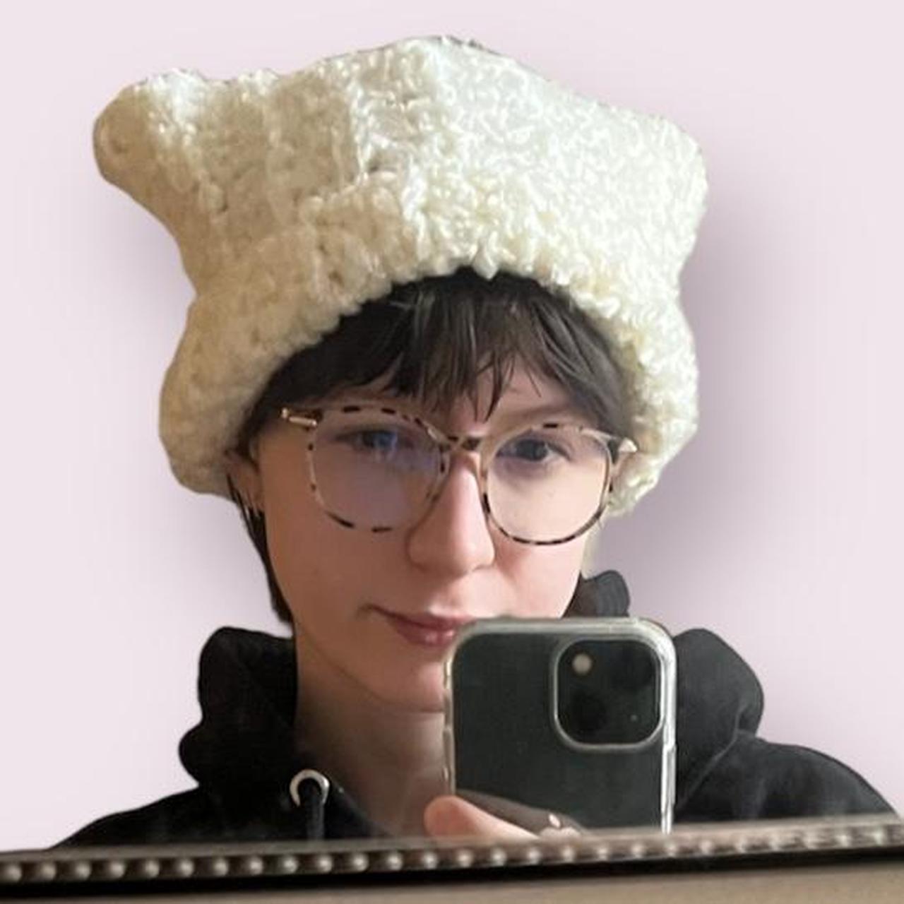 fuzzy cat hat square hat car ears hand crocheted - Depop