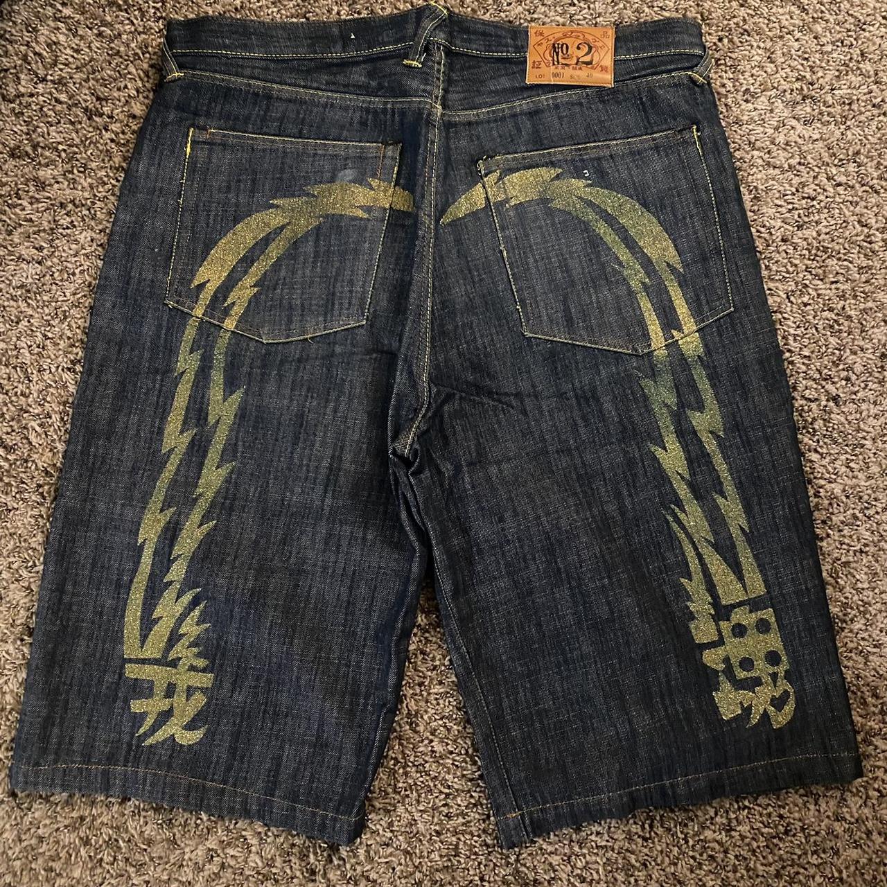 Y2k Evisu baggy denim jorts Gold sparkle detailing... - Depop