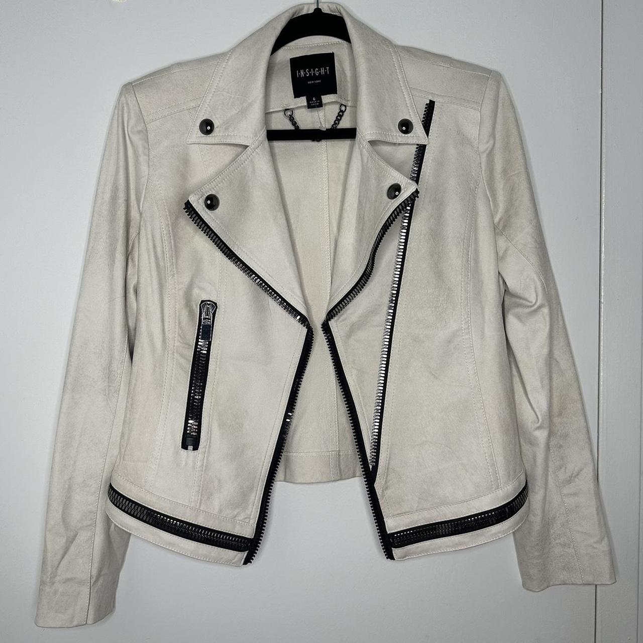 Cream moto jacket with zipper and black detailing.... - Depop