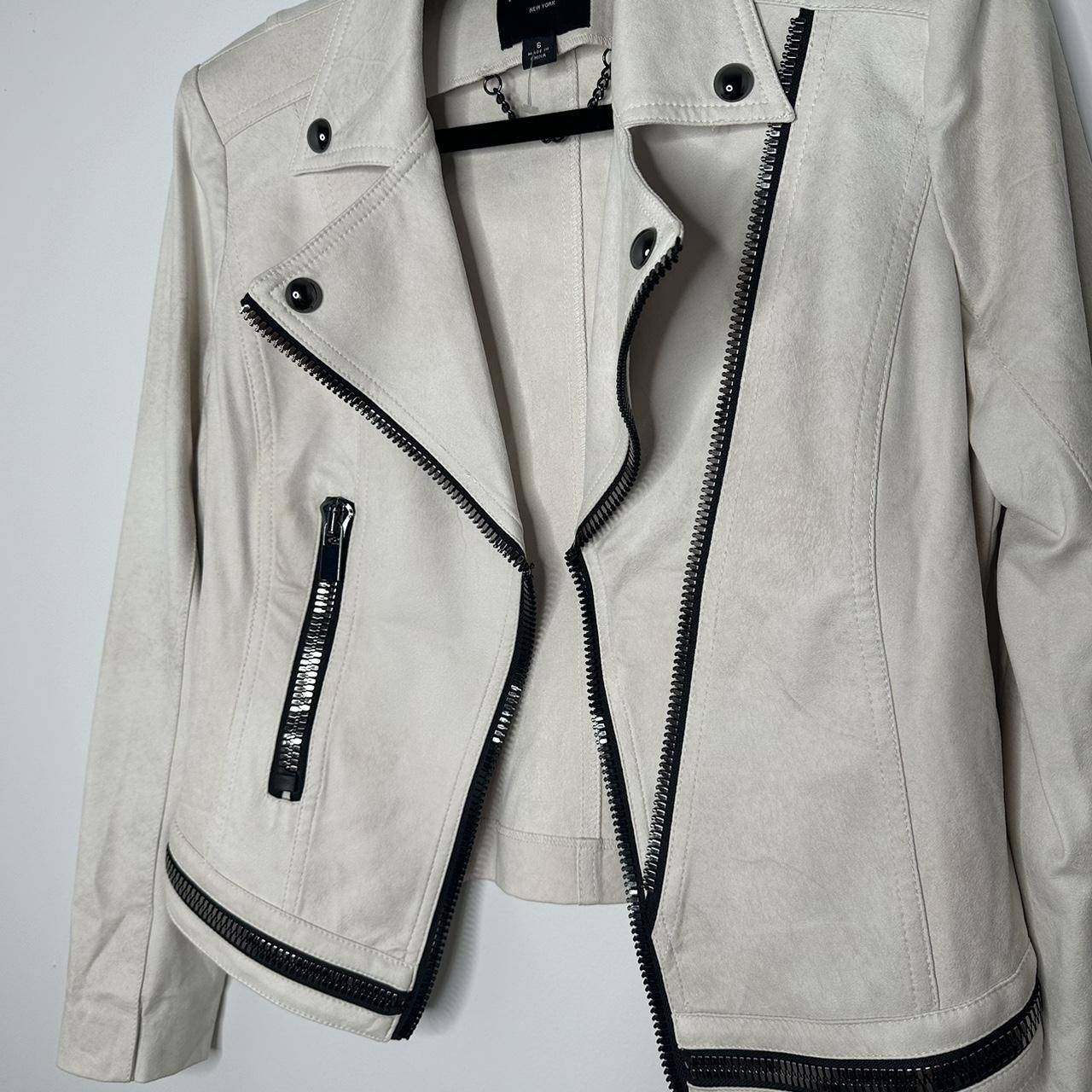 Cream moto jacket with zipper and black detailing.... - Depop