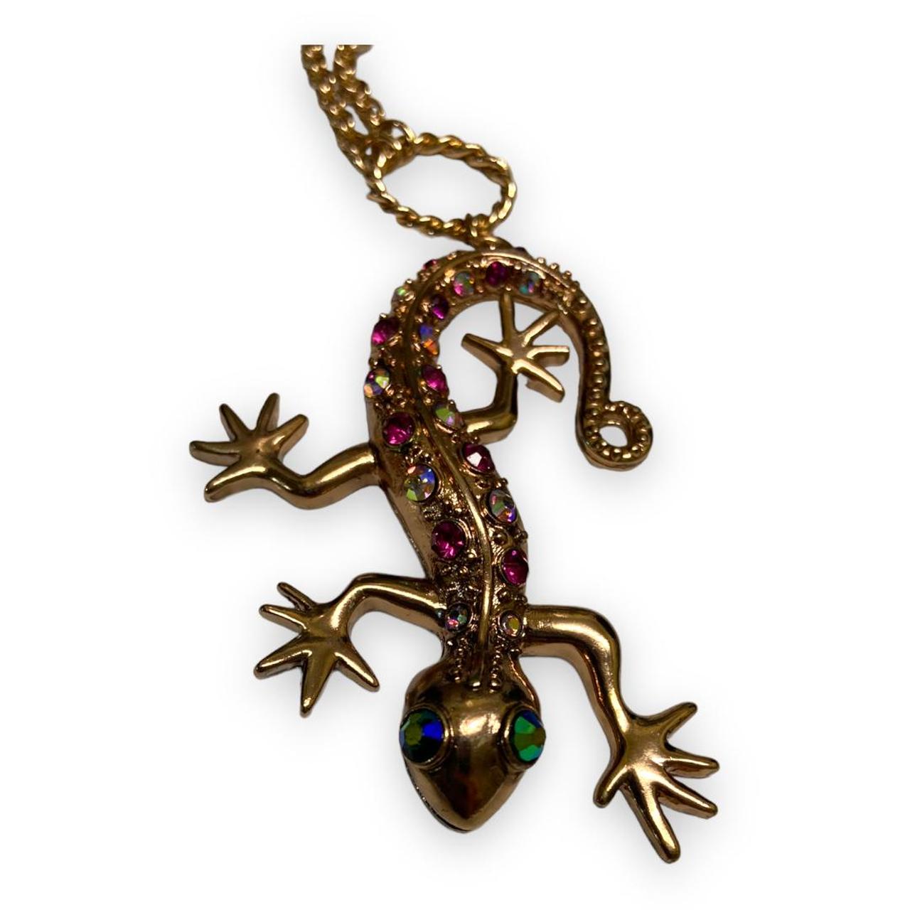 Betsey Johnson Rose Gold Tone Jeweled Gecko Pendant... - Depop