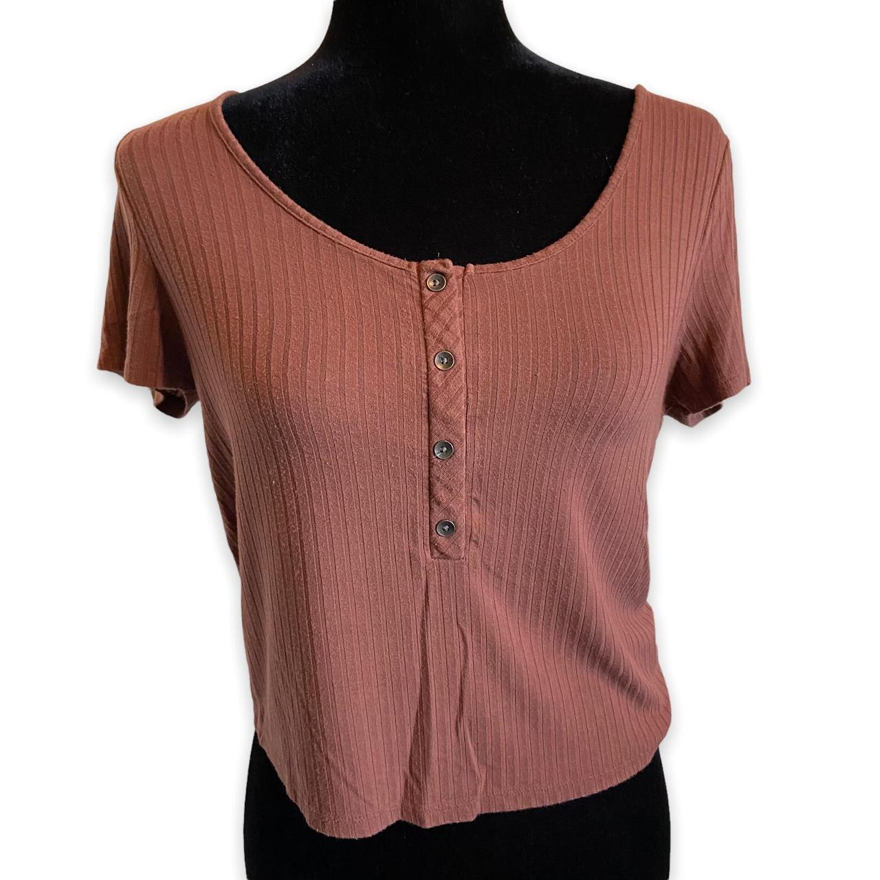American Eagle Burnt Sienna Rust Ribbed Knit Henley... - Depop