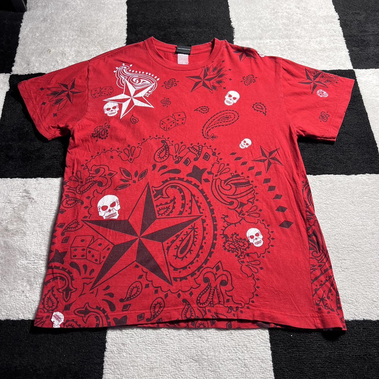 Y2k grunge AOP affliction style red and black... | Depop